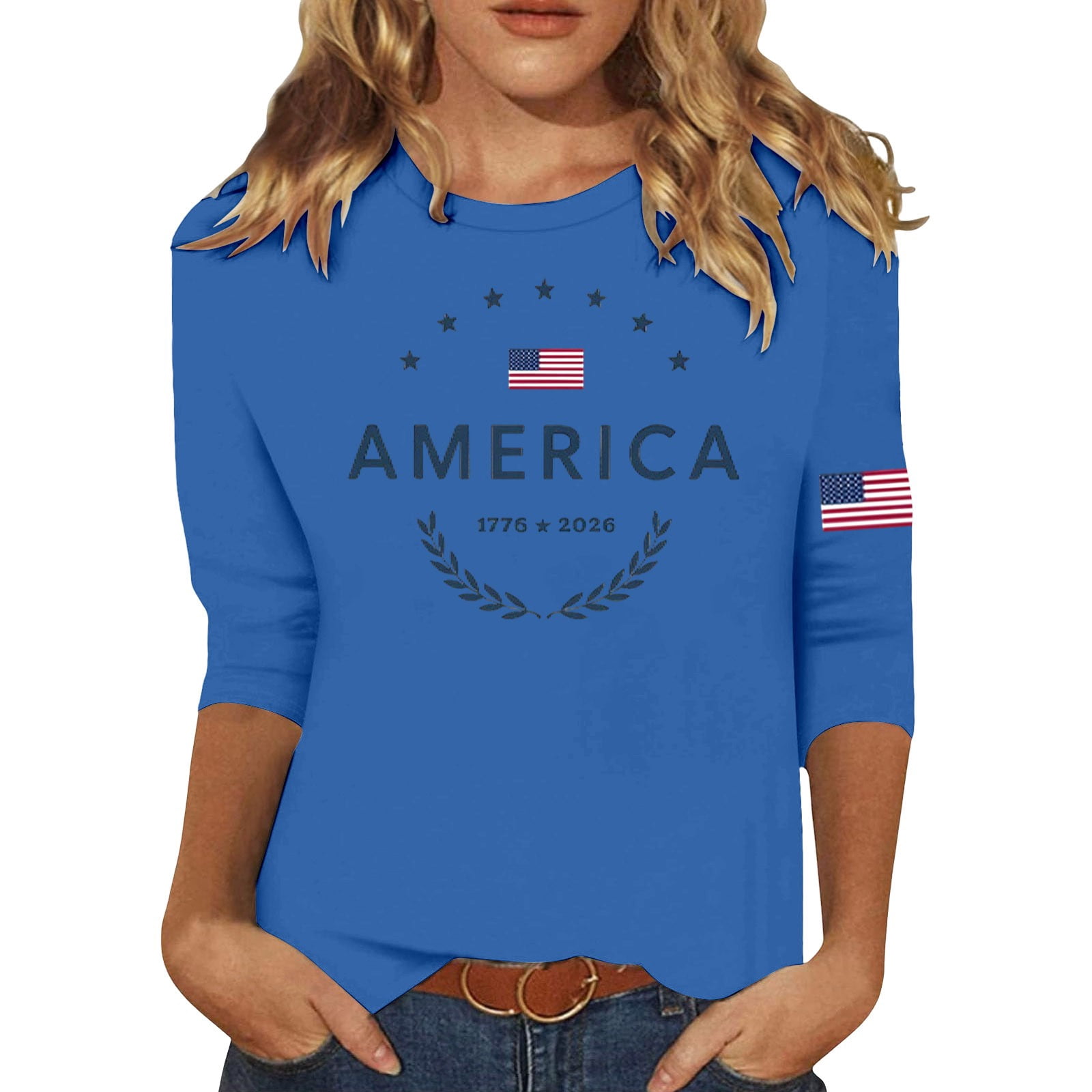 Business Casual Top Women Split Sleeve Independence Day Comfort Round ...