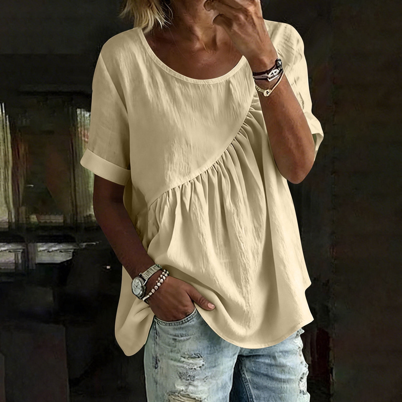 Business Casual Tops For Women Casual Loose Plain-color Round-neck ...