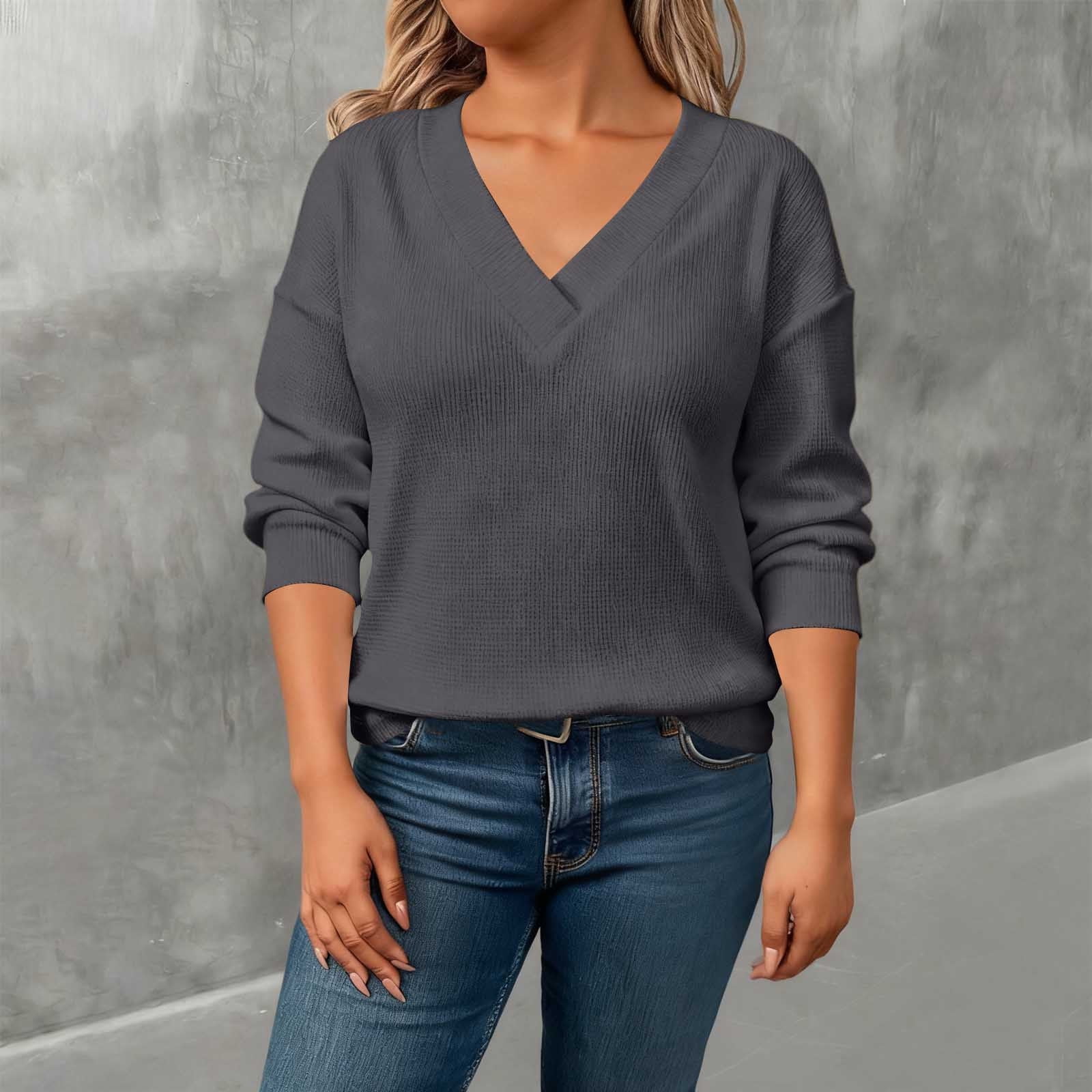 Business Casual Tops For Women Solid Color Long Sleeve V Neck Relaxed ...