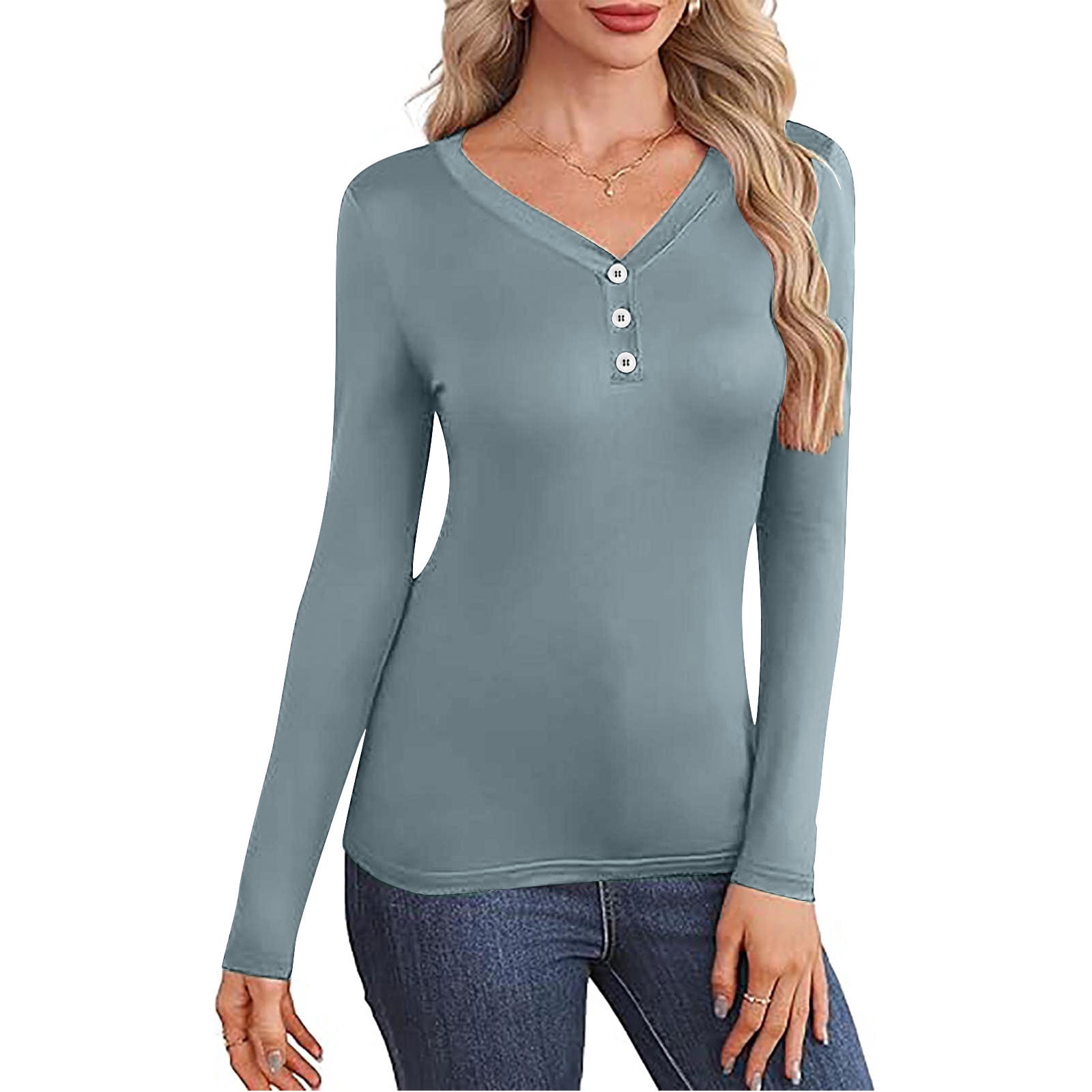 Business Casual Tops For Women Solid Color Warm V Neck Button Long ...