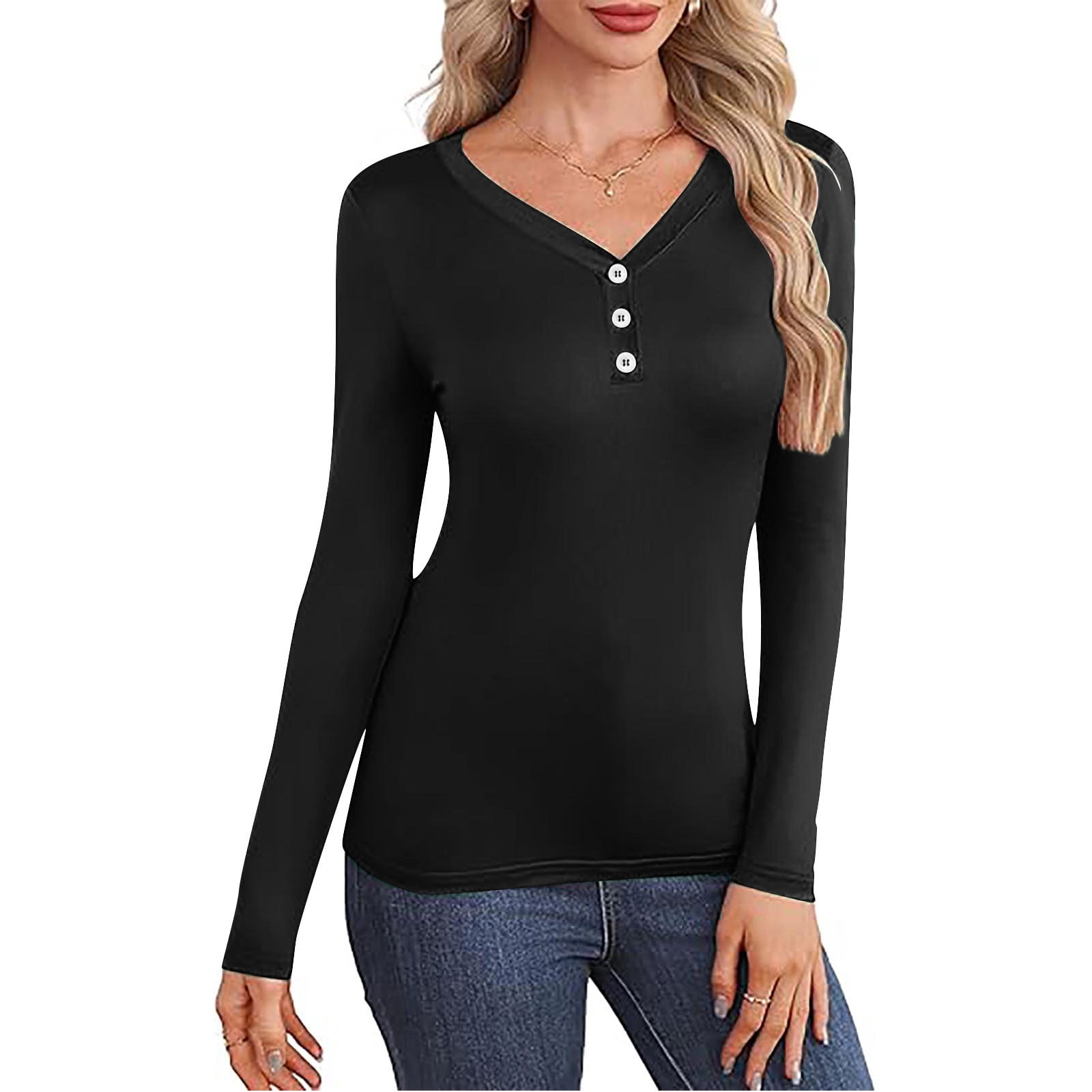 Business Casual Tops For Women Solid Color Warm V Neck Button Long ...