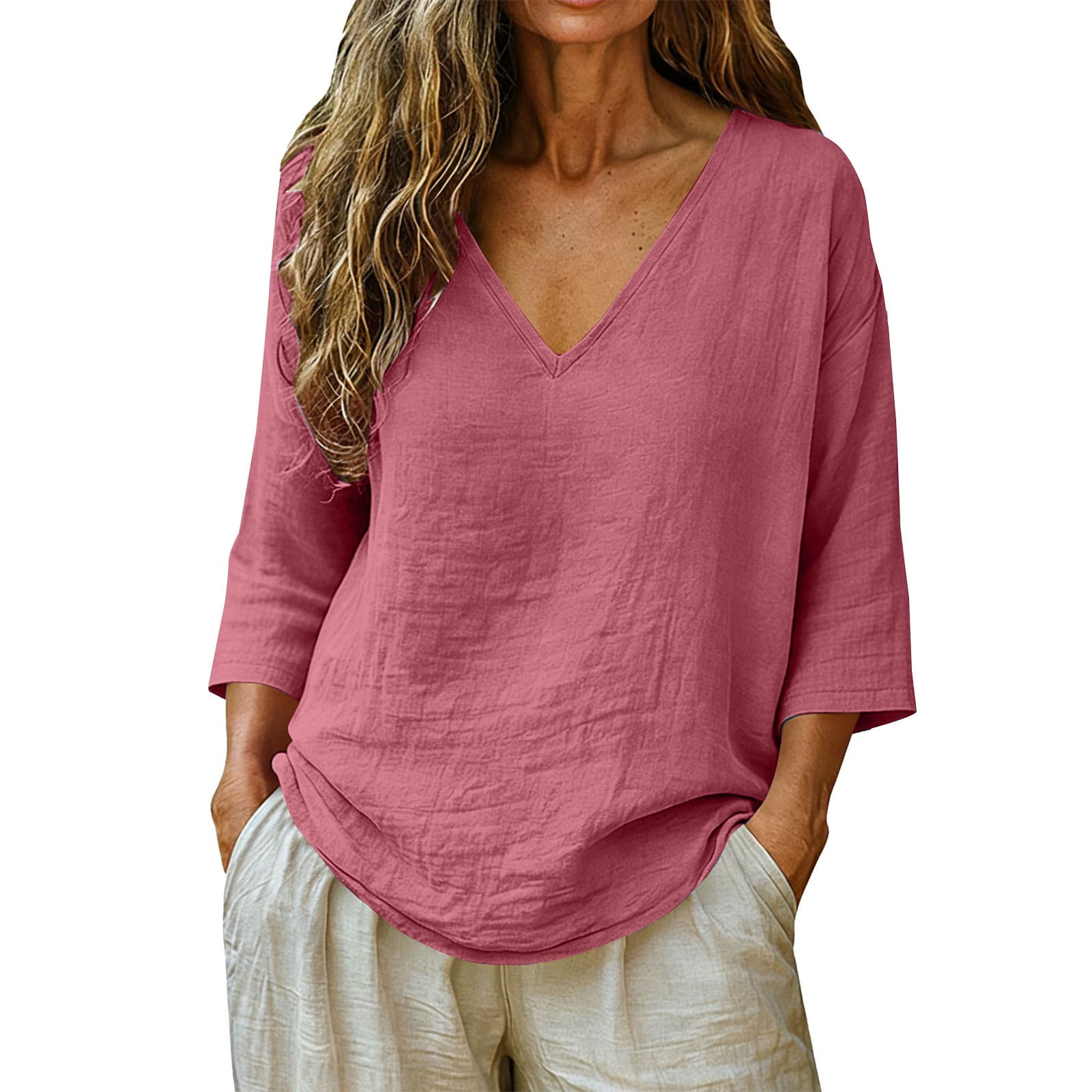 Business Casual Tops for Women Casual V Neck 3/4 Sleeve Linen Blouse ...
