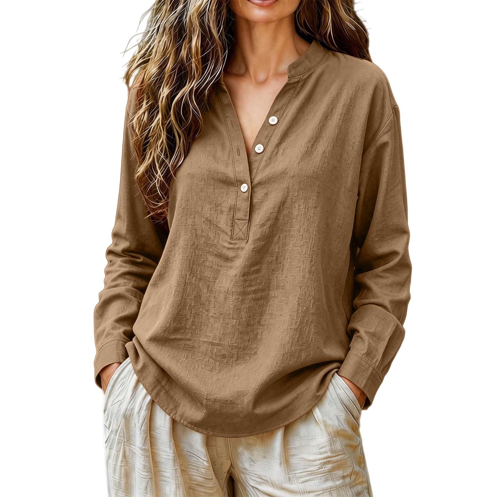 Business Casual Tops for Women Cotton Linen Neck Short Sleeve Shirt ...