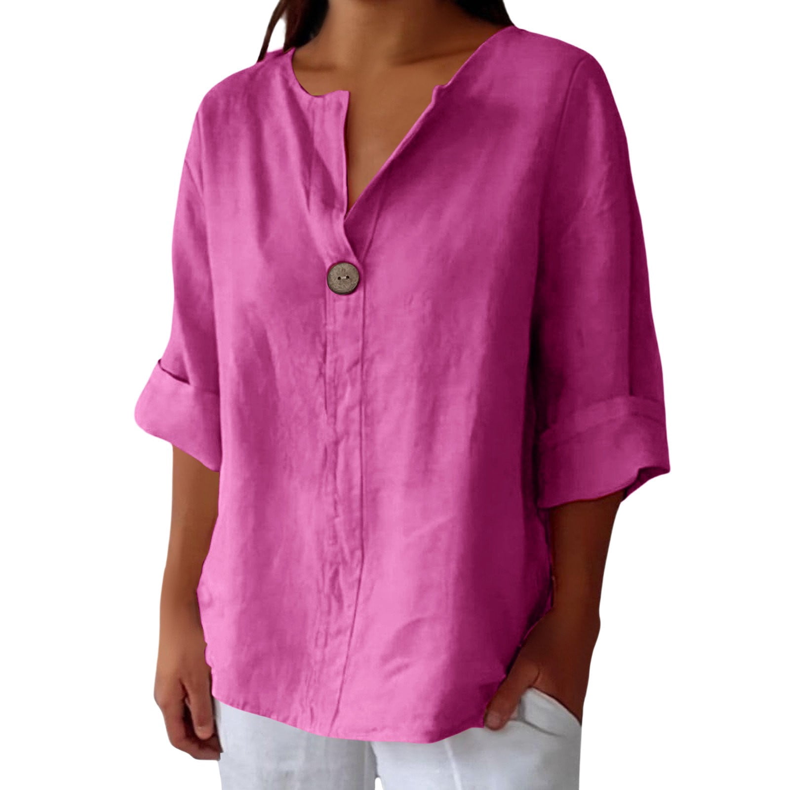 Business Casual Tops for Women V Neck Half Sleeve Button Loose Linen ...