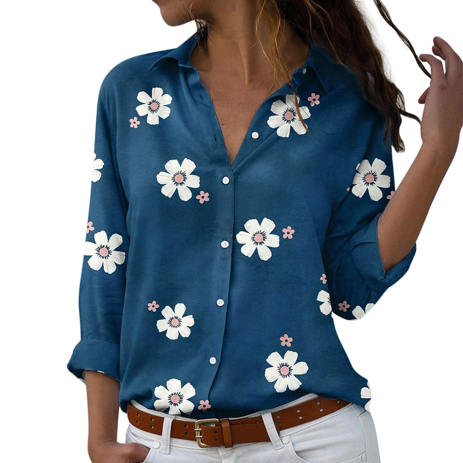 Business Casual Women Fall Flower Print Long Sleeve Bottom Up Shirt ...