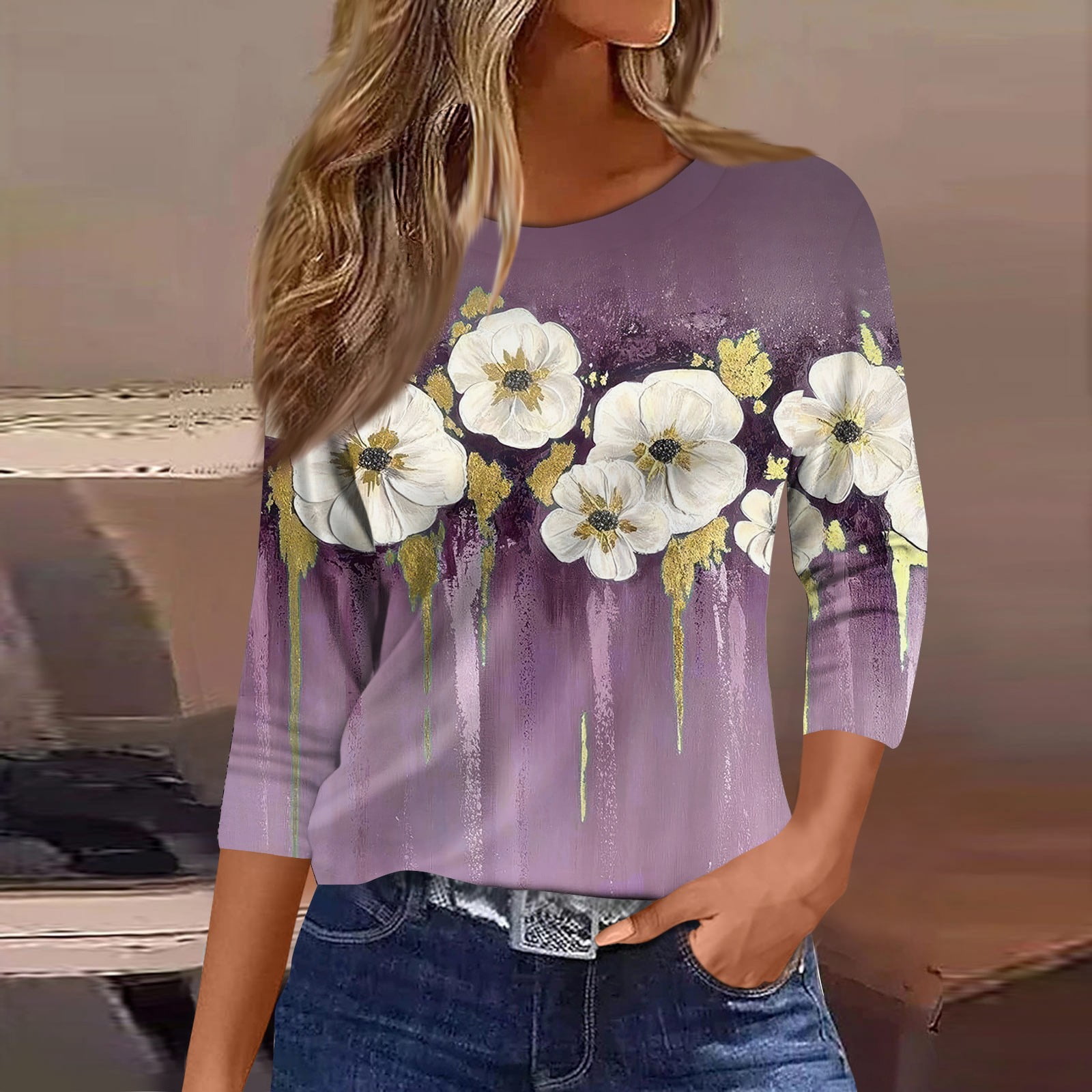 Business Casual Women's 3/4 Sleeve Crew Neck Shirt, Loose Long Top ...