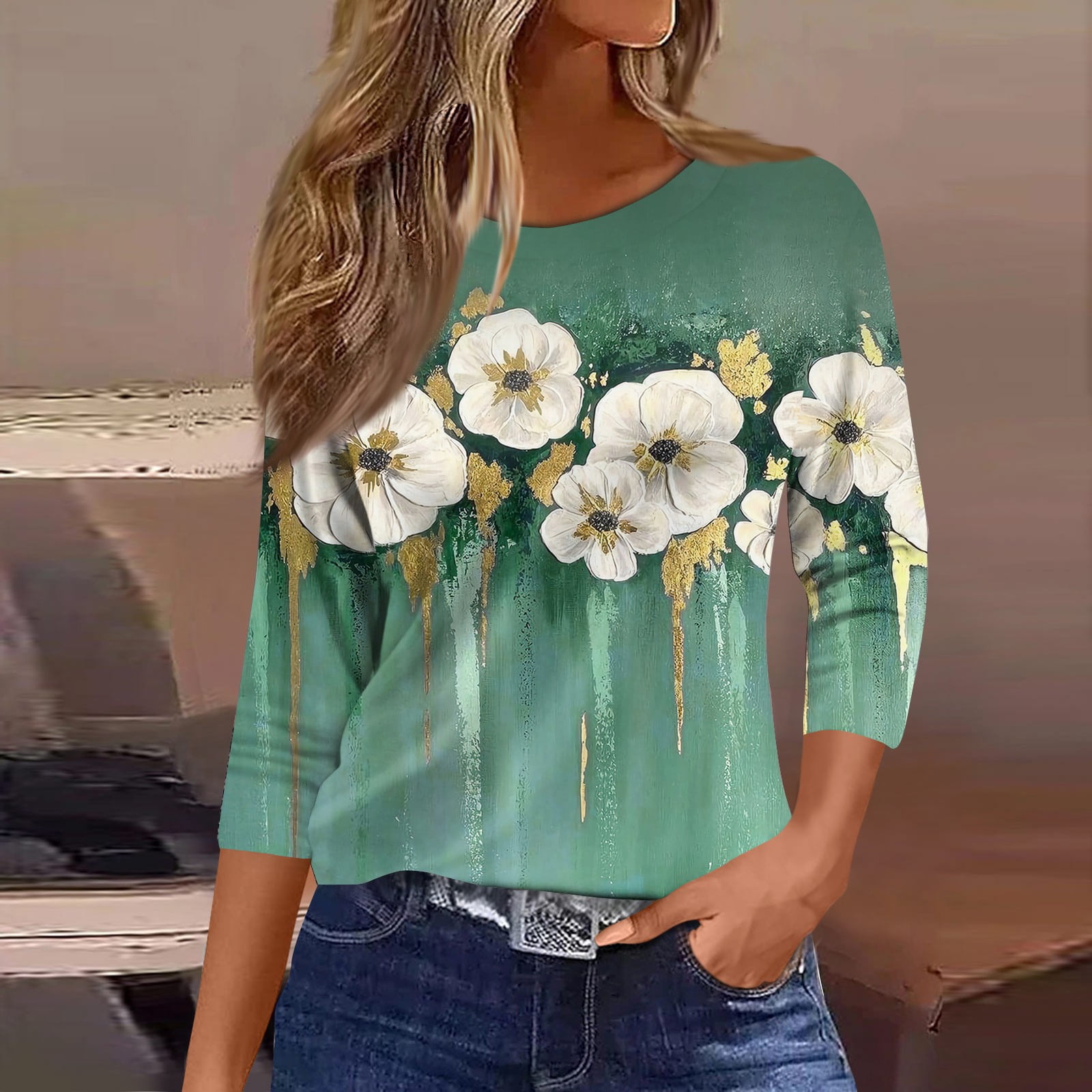 Business Casual Women's 3/4 Sleeve Crew Neck Shirt, Loose Pleated Long ...