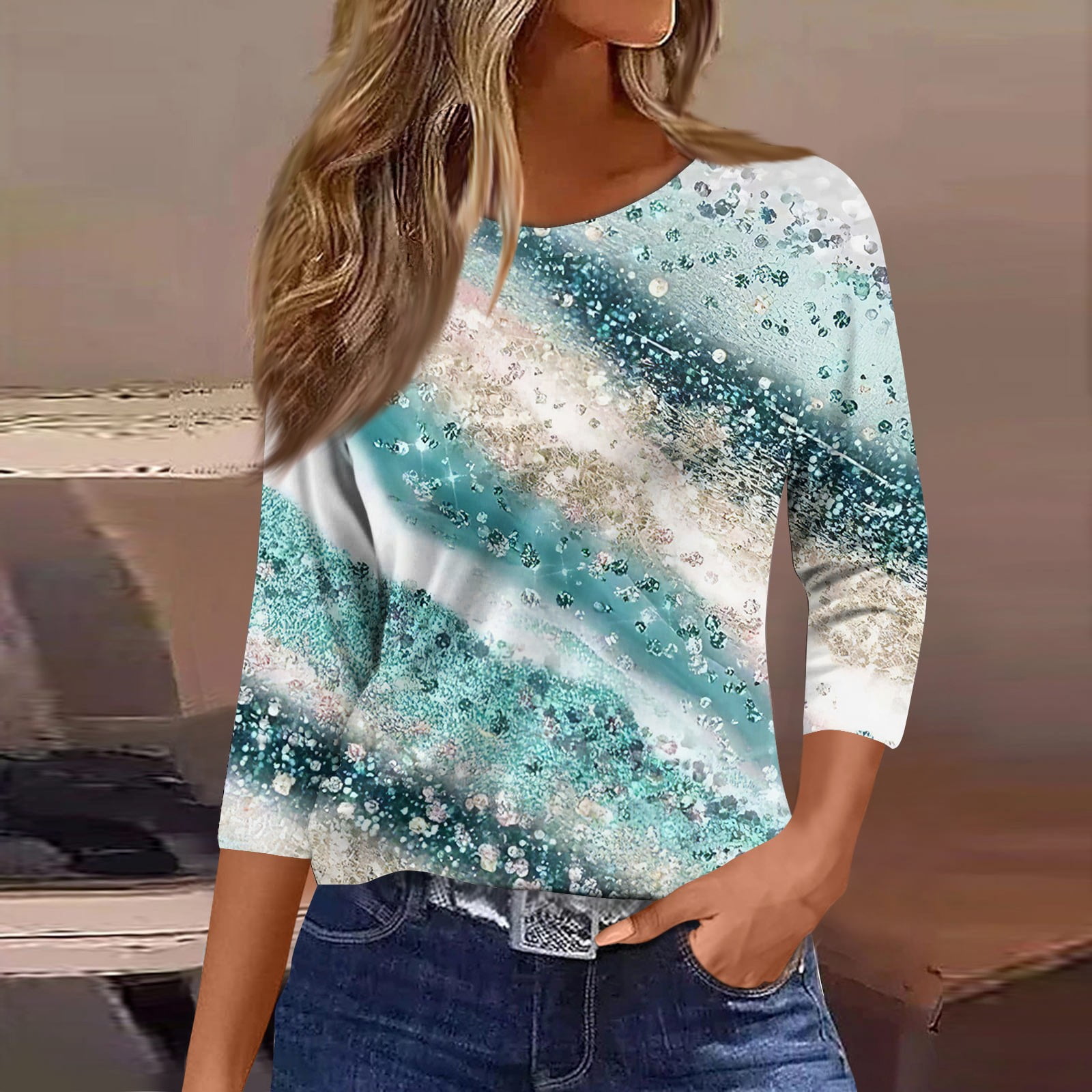 Business Casual Women's 3/4 Sleeve Crew Neck Shirt, Loose Long Top ...