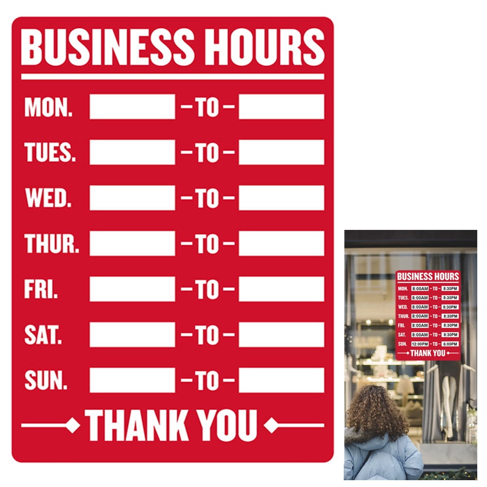 Business Hours Sign Open Mon Sun Closed Times Store Office Cling Window ...
