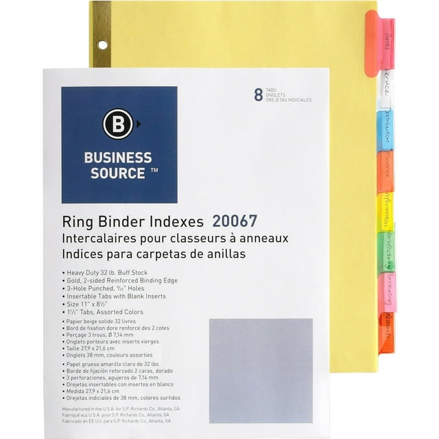 Business Source, BSN20067, Reinforced Insertable Tab Indexes, 8 / Set ...
