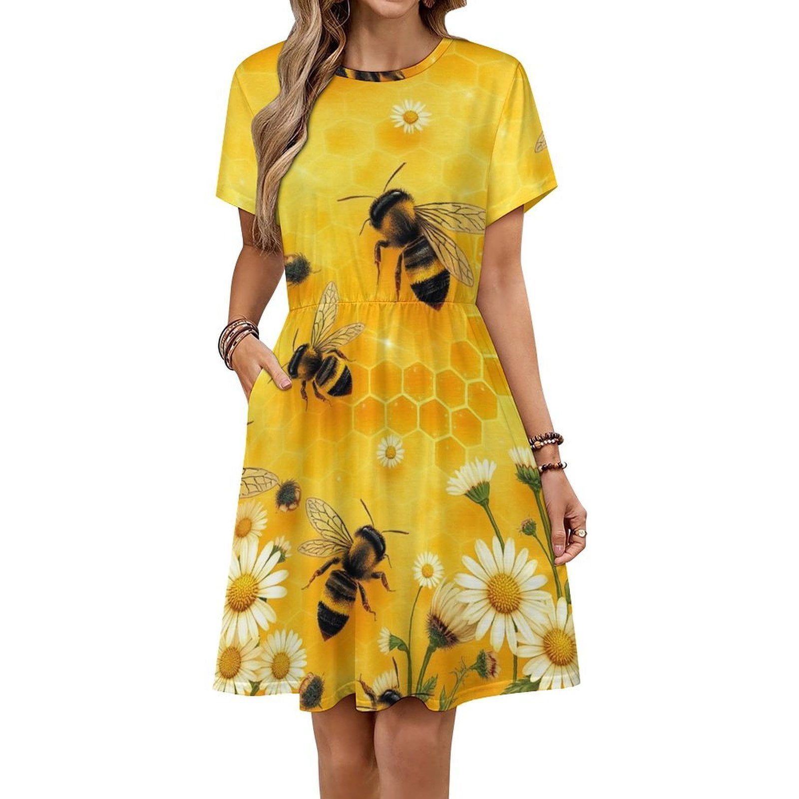 Busy Bees Honeycomb Dress Fashion Beach Short Sleeve Dresses Female ...
