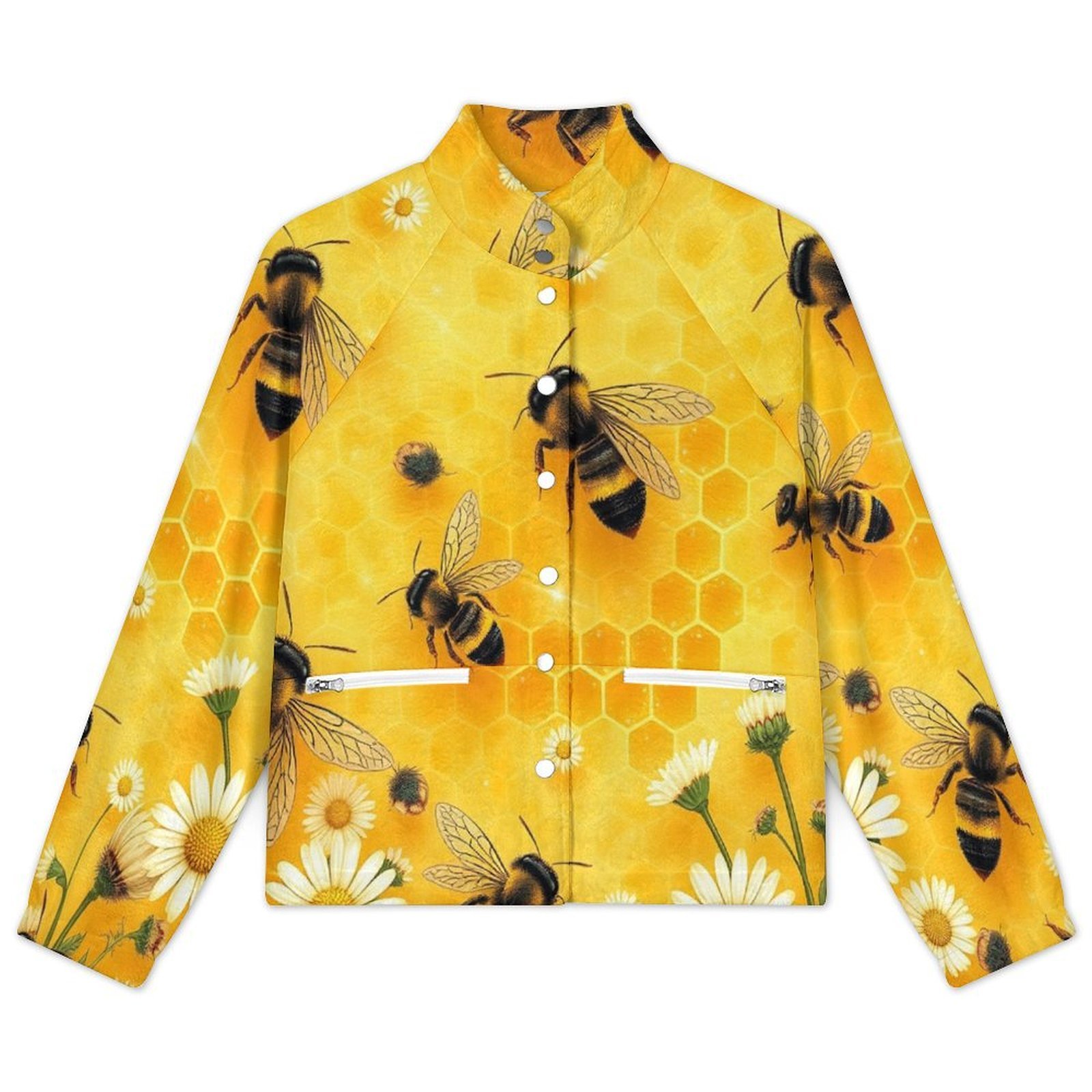 Busy Bees Honeycomb Warm Women's Plush Jacket Stand Collar Full Sleeve ...