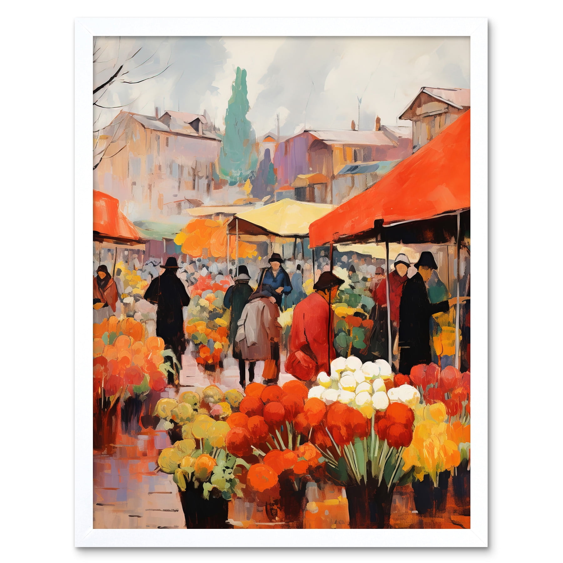 Busy Flower Market Warm Amber Orange Yellow Oil Painting Art Print ...