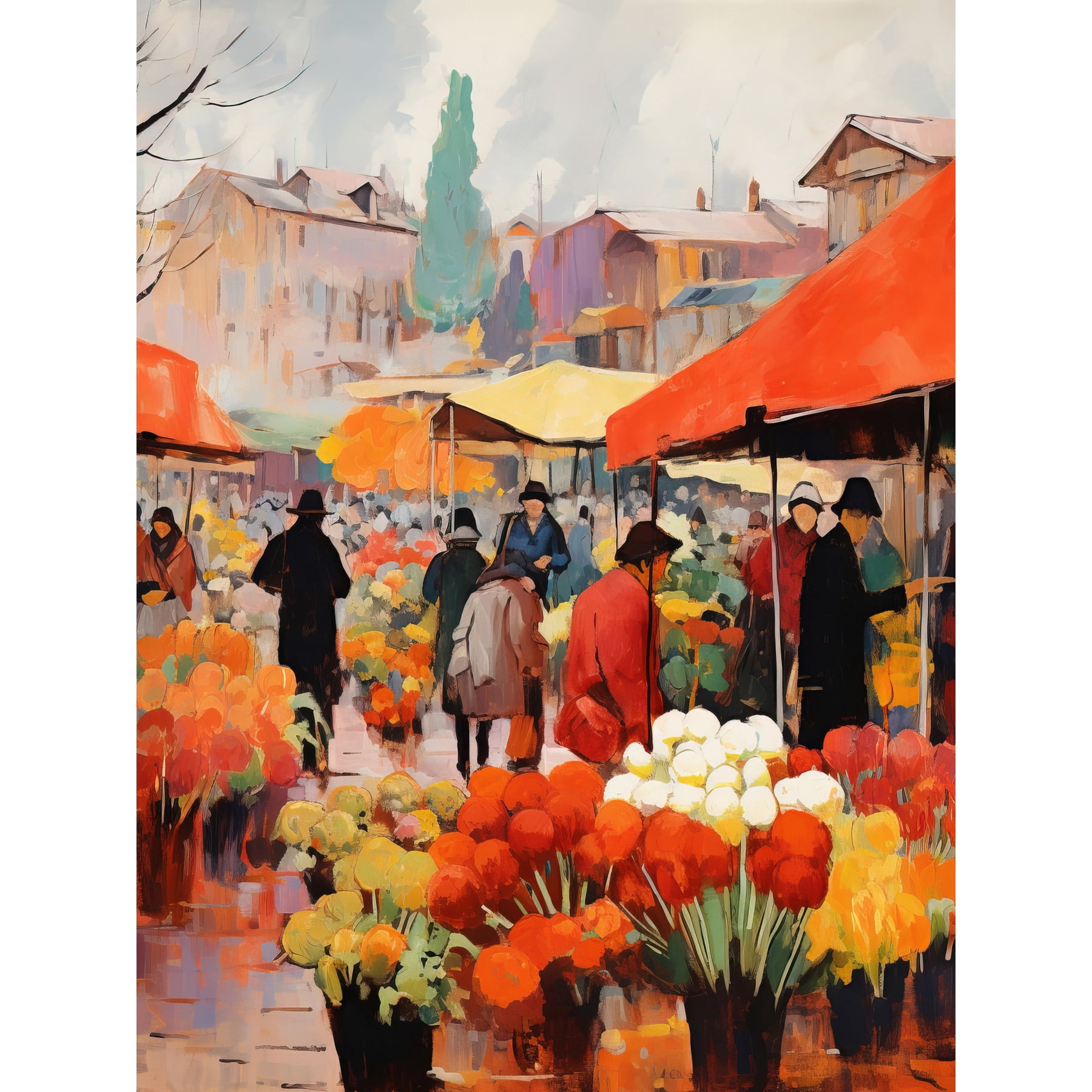 Busy Flower Market Warm Amber Orange Yellow Oil Painting Extra Large XL ...