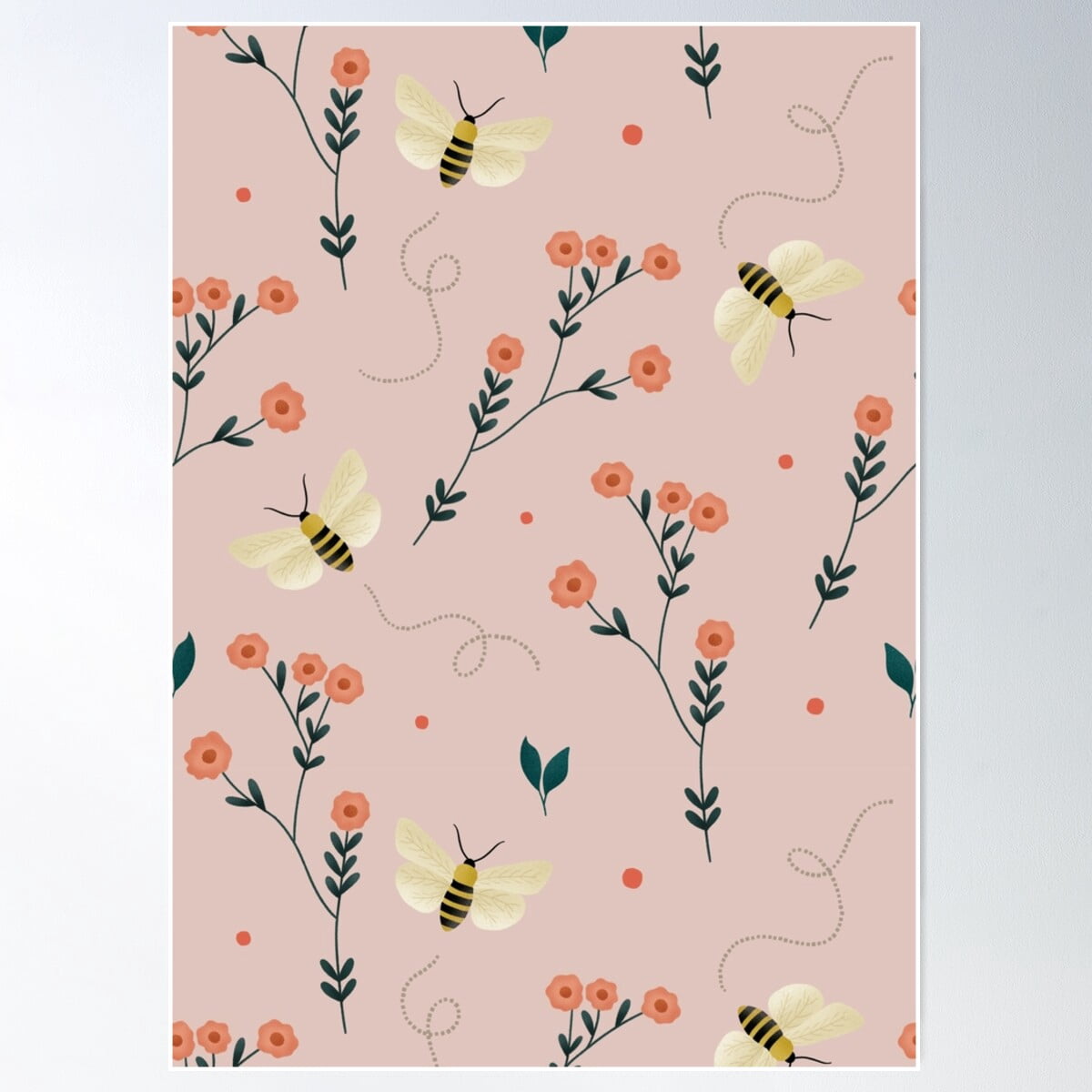 Busy Little Bees And Pink Flowers Poster Wall Art, Modern Wall Decor ...