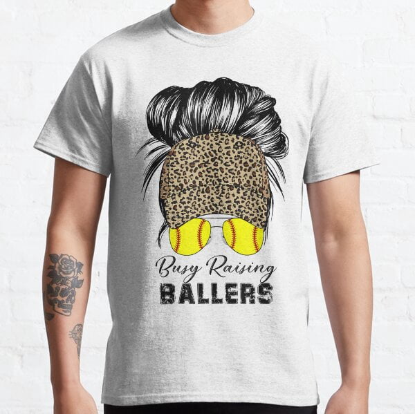 Busy Raising Ballers Softball Mom Bun Leopard Baseball Classic T-shirt ...