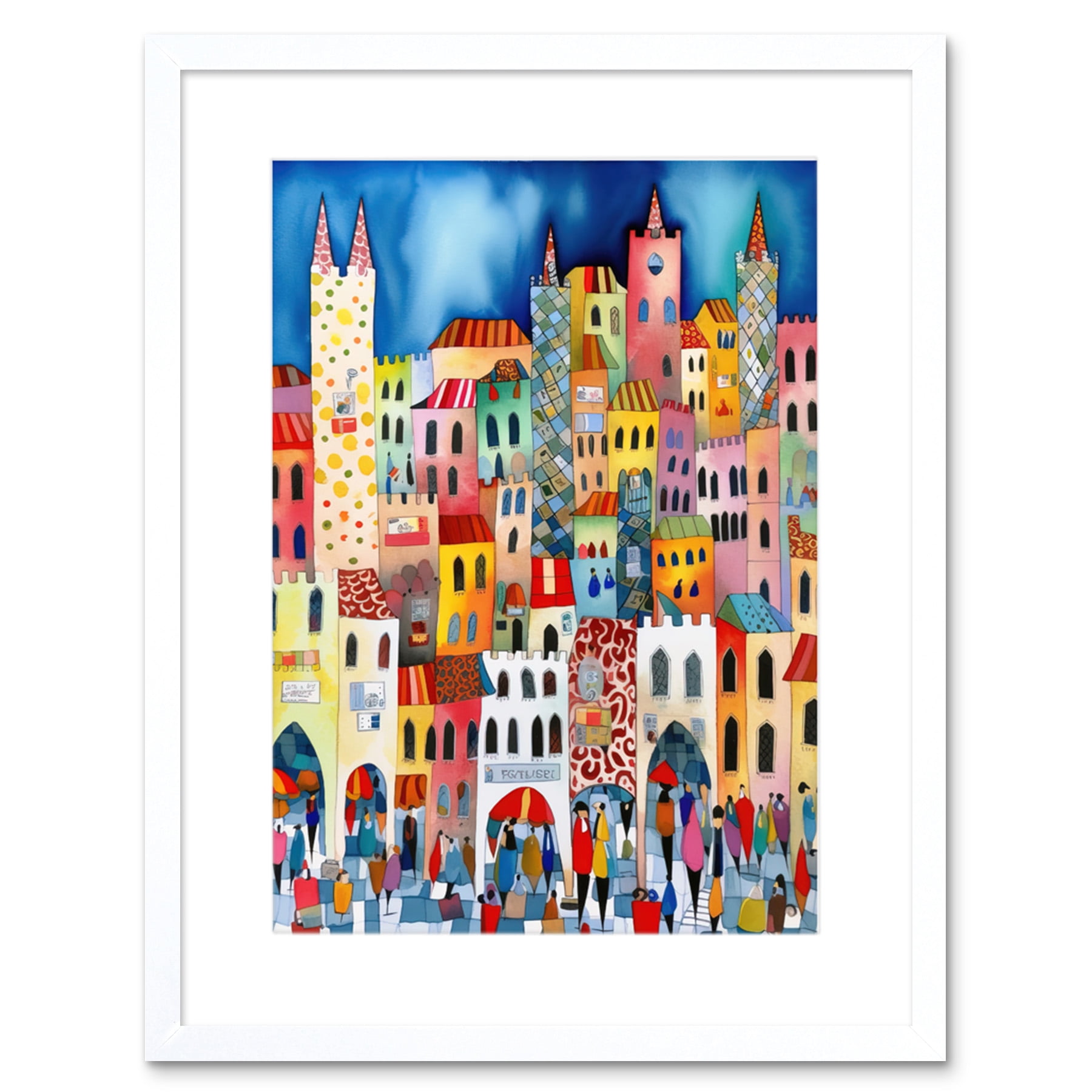 Busy Street Vertical Cityscape Folk Art Watercolour Painting Artwork ...