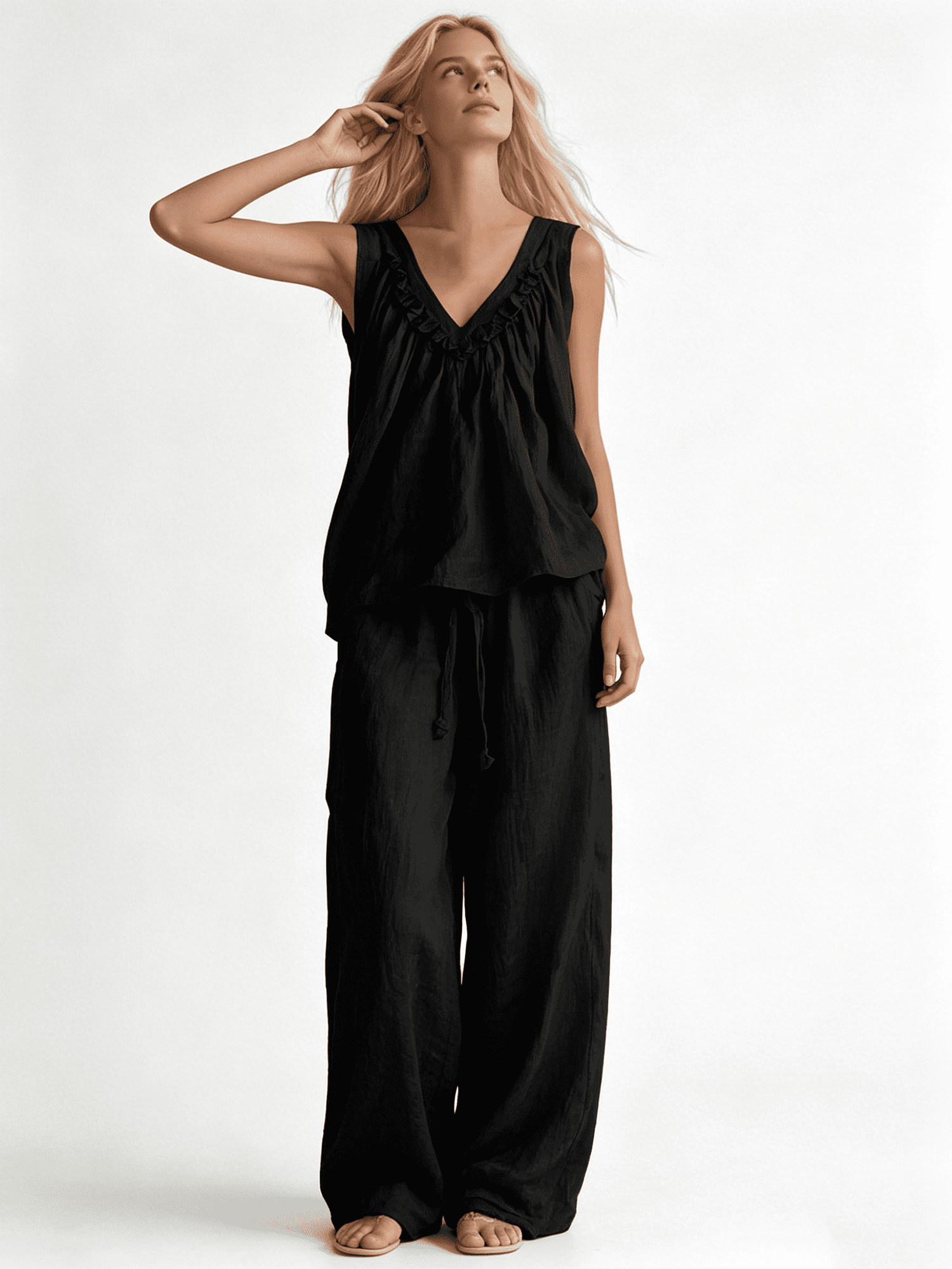 Busydd 2 Piece Sets for Women Sleeveless V Neck Tops and Wide Leg Pants ...