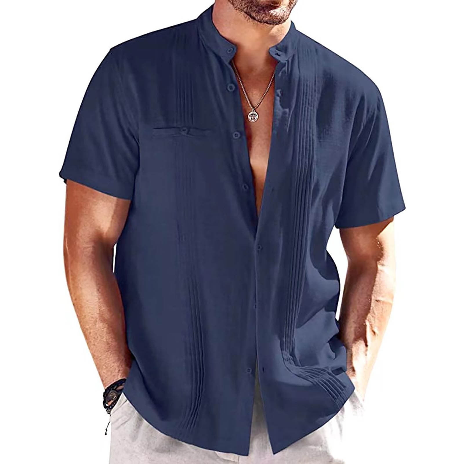 Busydd Mens Summer Shirts Button Down Cotton Linen Beach Tops Collar ...