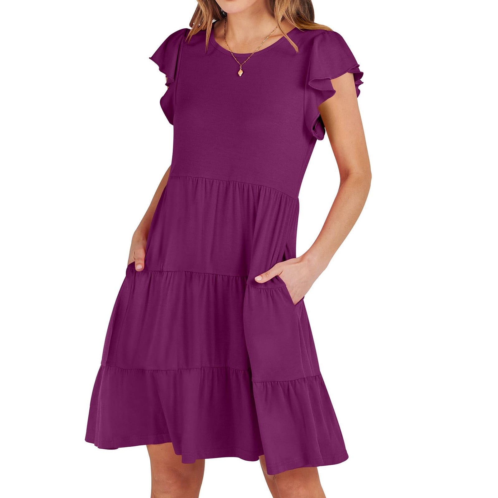 Busydd 2024 Womens Summer Mini Dress Crewneck Flutter Short Sleeve ...