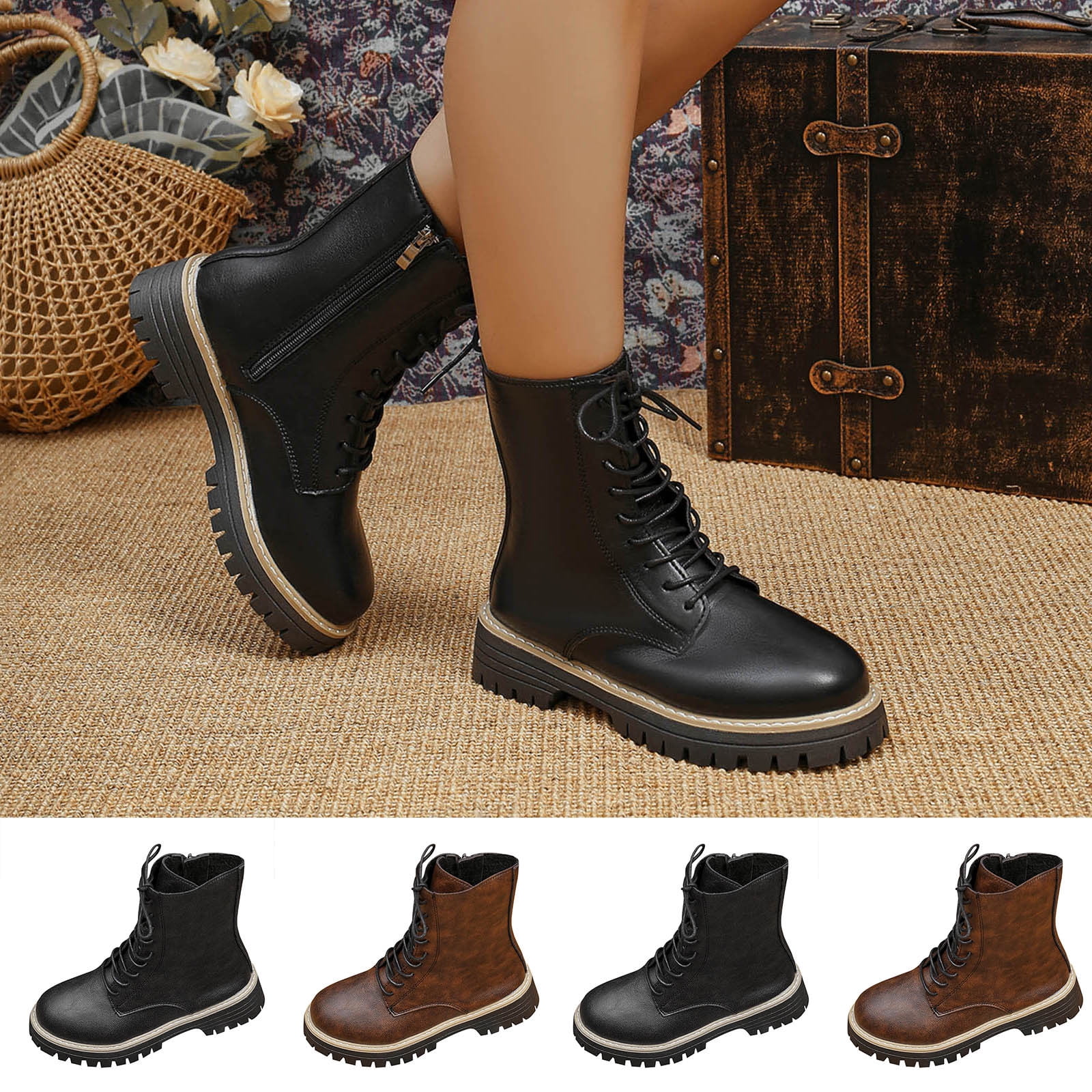 Busydd Boots for Women Trendy Block Heel Zipper Lace up Womens Booties ...