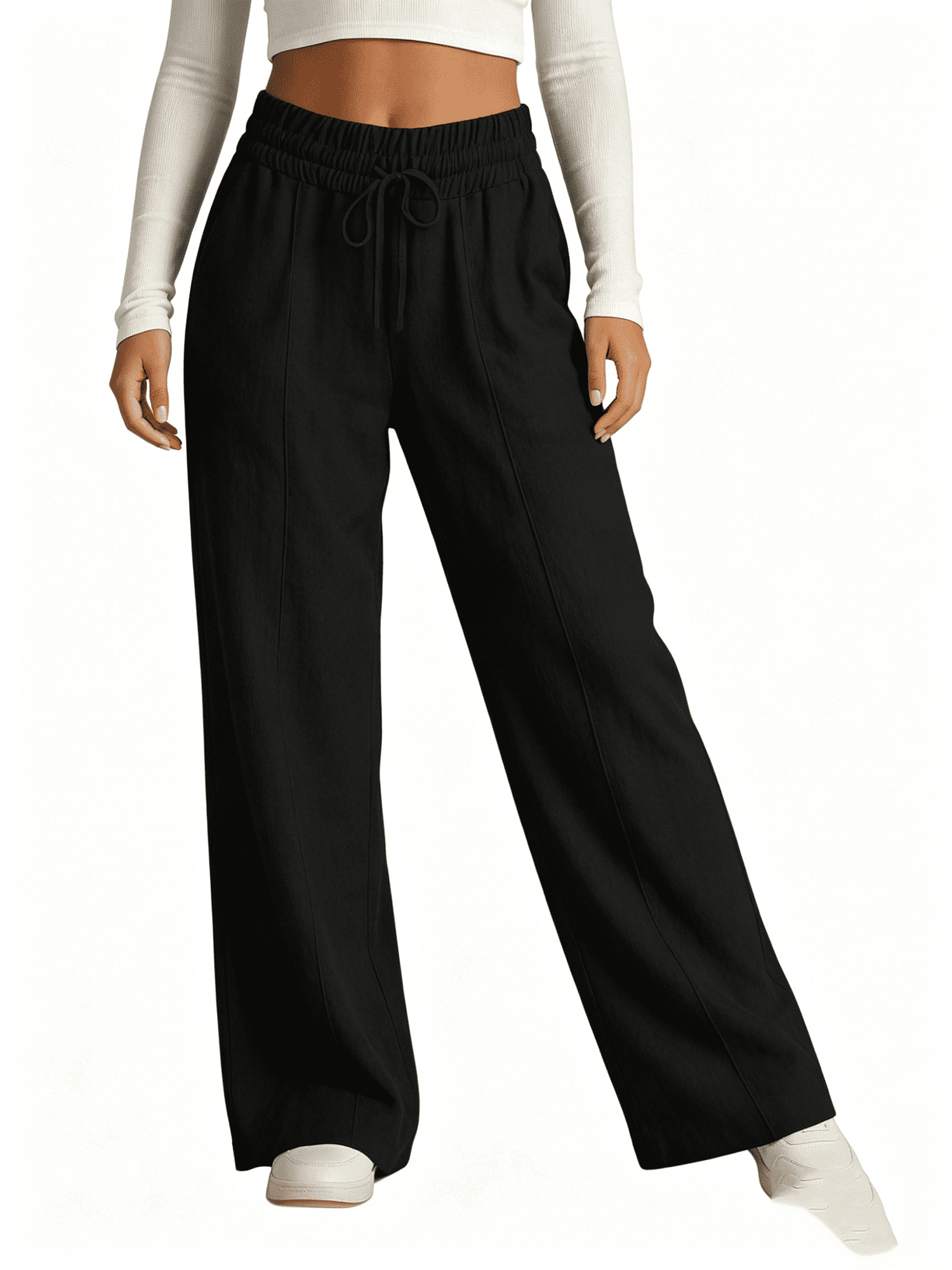 Busydd Elastic Waist Pants for Women Solid Color Drawstring Wide Leg ...