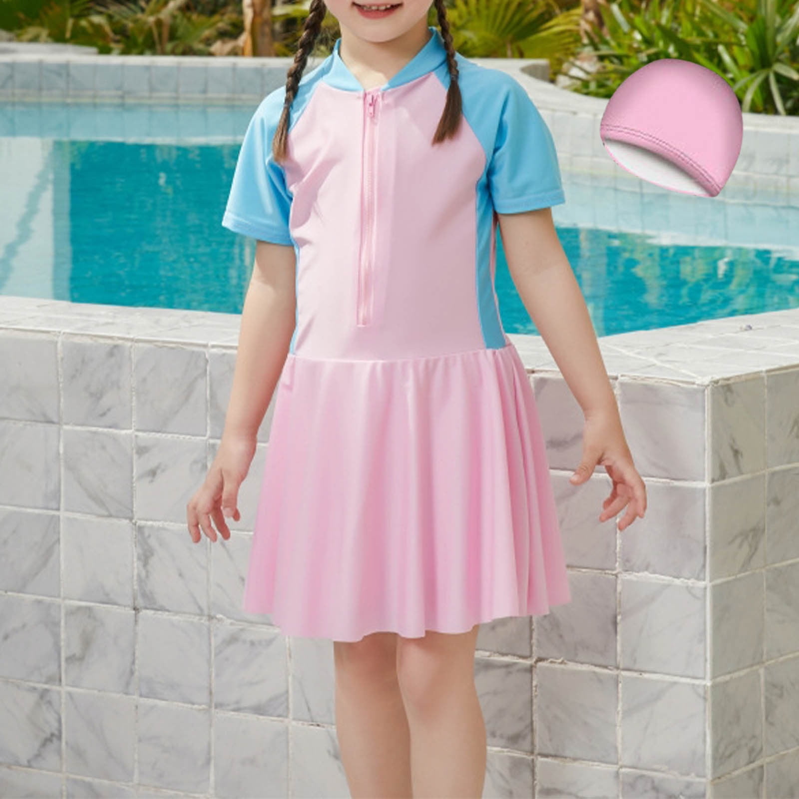 Busydd Girls' Swimwear 2-11 Years Trendy Color Block Short Sleeve ...