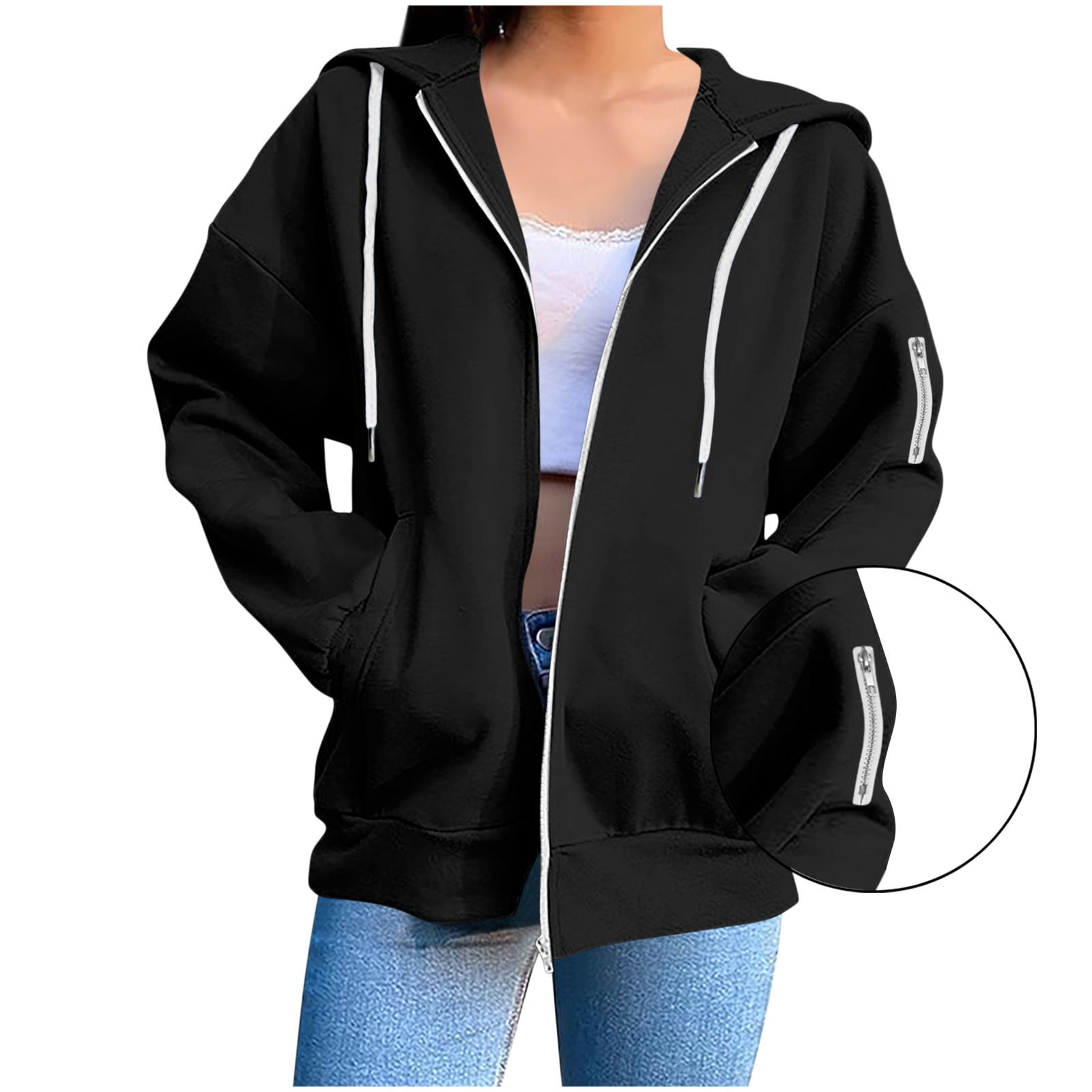 Busydd Jackets for Women Trendy Loose Drawstring Solid Color Fleece ...