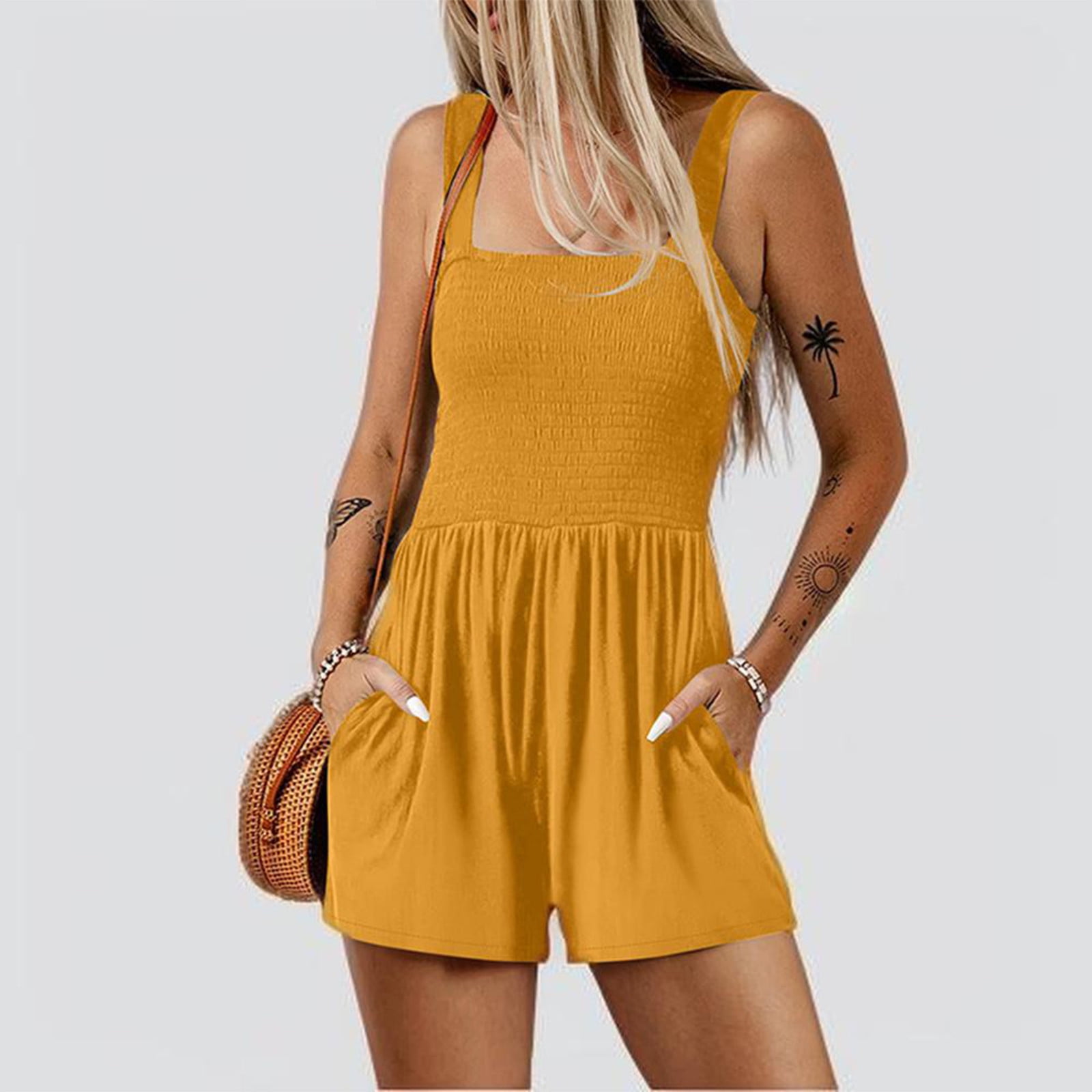 Busydd Jumpsuits for Women Solid Color Squares Neck One Piece Rompers ...