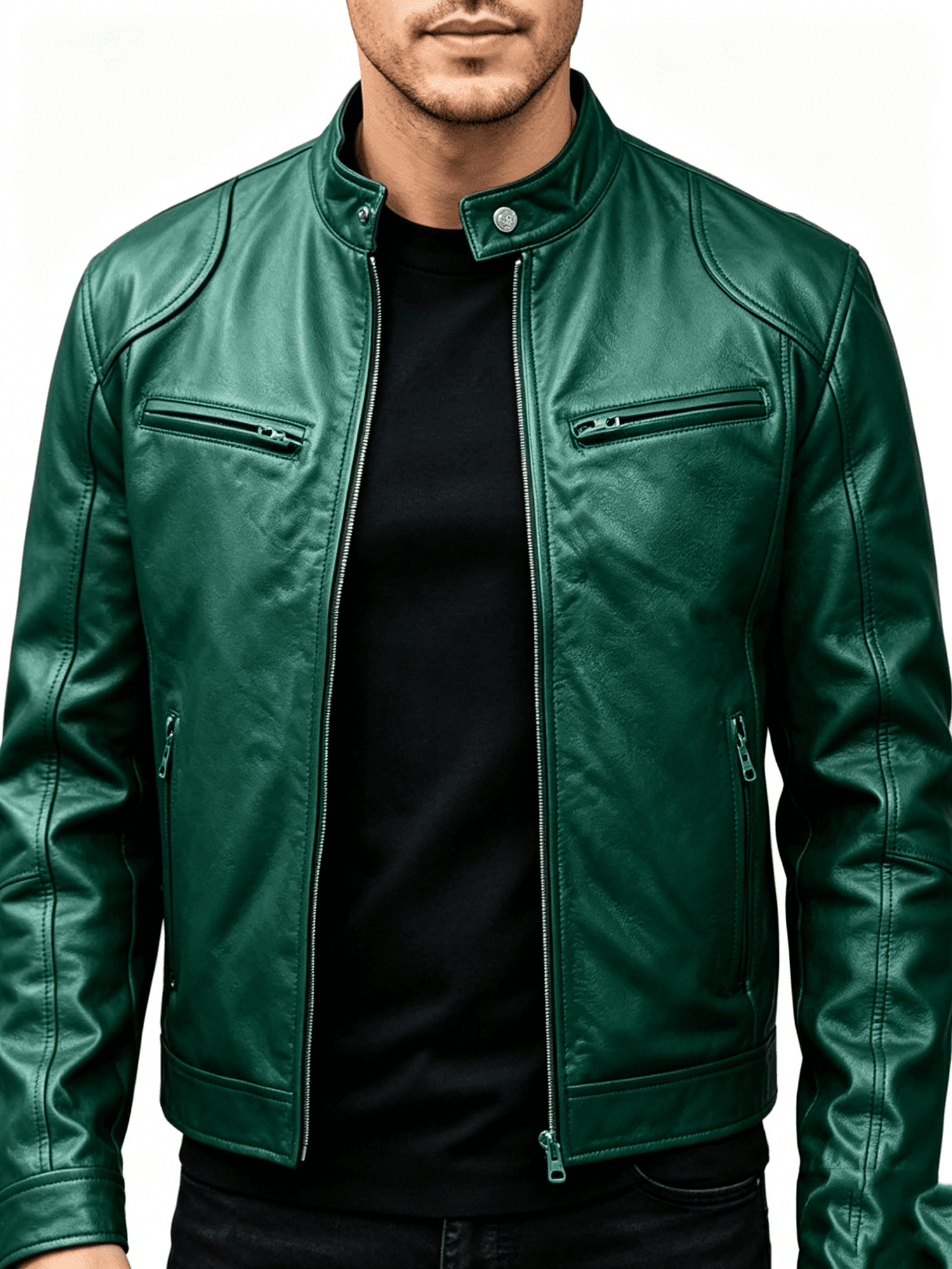 Busydd Leather Jacket for Men with Stand Collar and Zippered Pockets ...