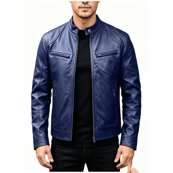 Busydd Leather Jacket for Men with Stand Collar and Zippered Pockets ...