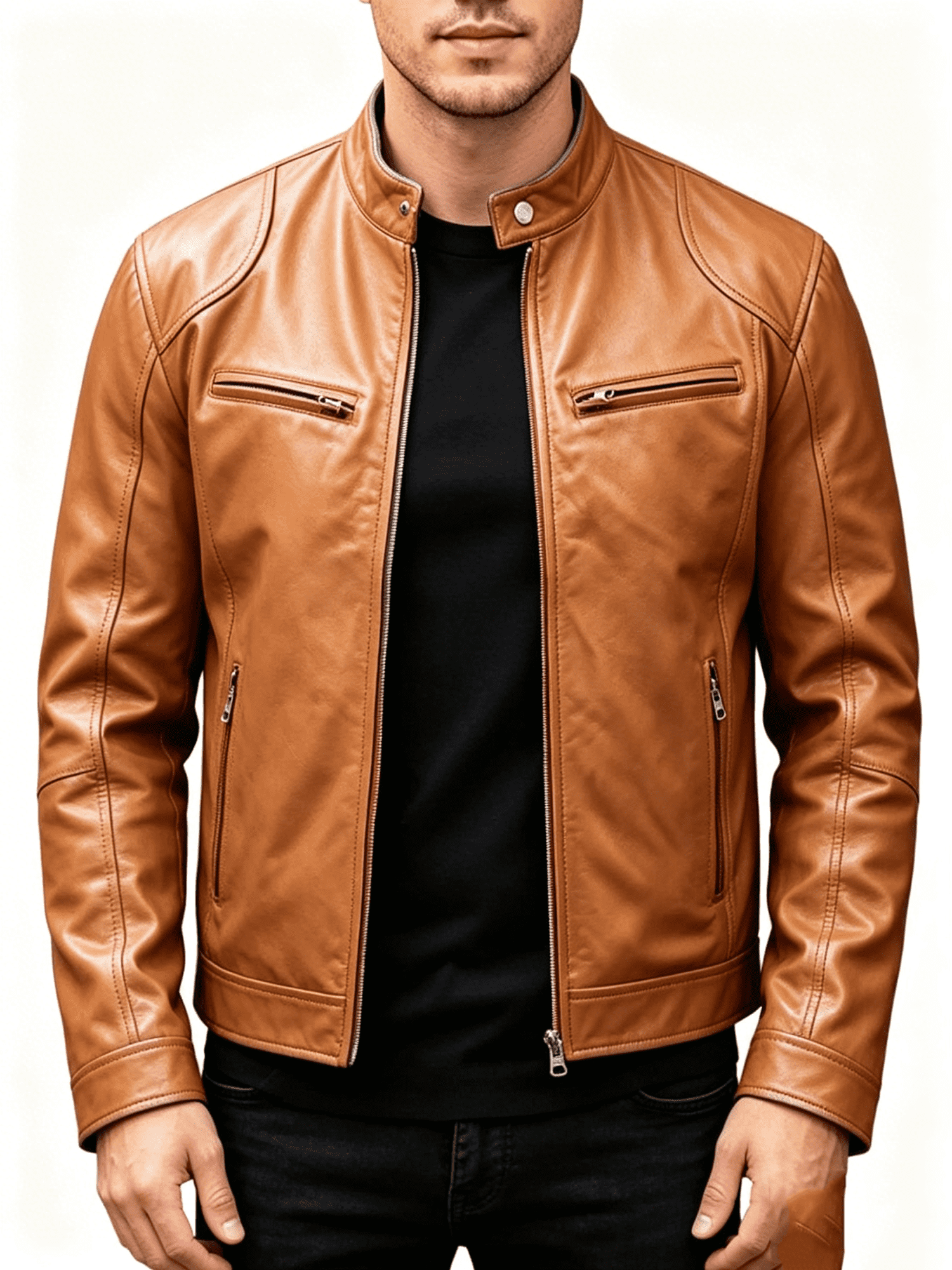 Busydd Leather Jacket for Men with Stand Collar and Zippered Pockets ...
