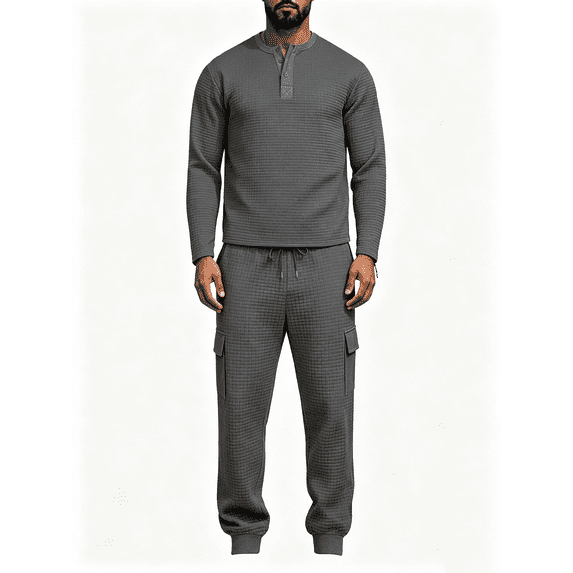 Busydd Men Sweatsuits Sets Fashion Waffle Knit Button Shirt and Cargo ...