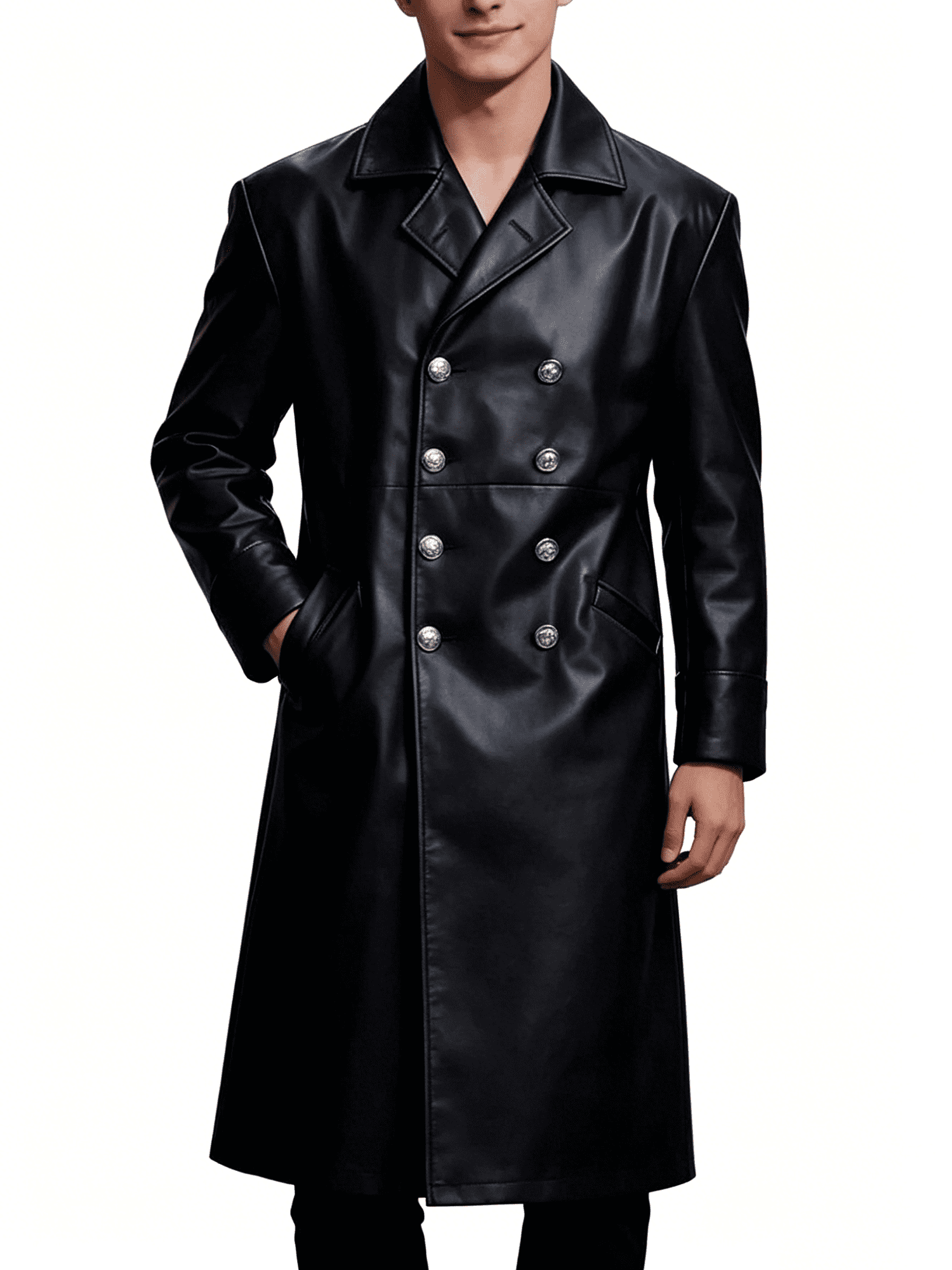 Busydd Men's Leather Jacket Fashion Double Breasted Buttons Long Sleeve ...