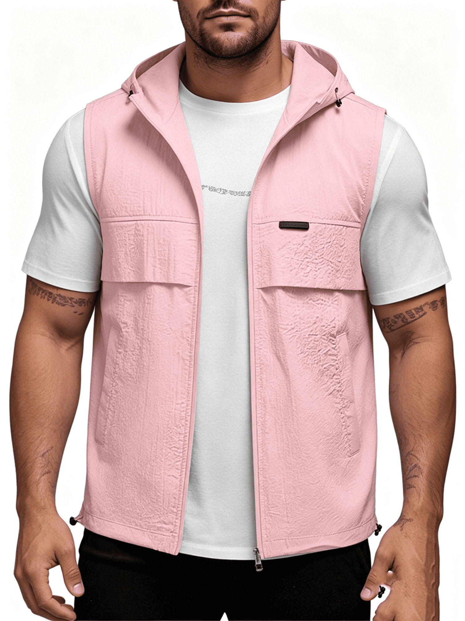 Busydd Mens Hooded Vest Trendy Solid Color Front Pockets Sleeveless Zip ...