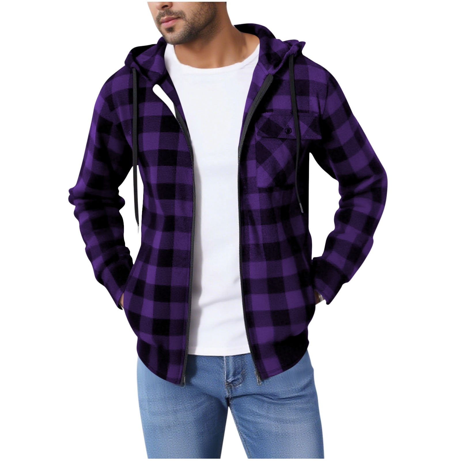 Busydd Mens Jacket Trendy Plaid Hooded Mens Shirts Long Sleeve Zip Up ...