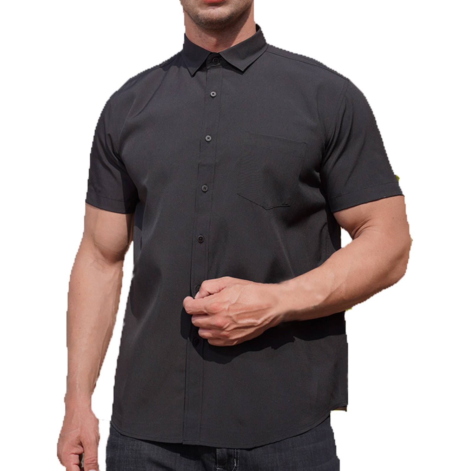 Busydd Mens Shirts 2024 Fashion Wrinkle Free Collar Dress Shirts Solid Color Short Sleeve ...