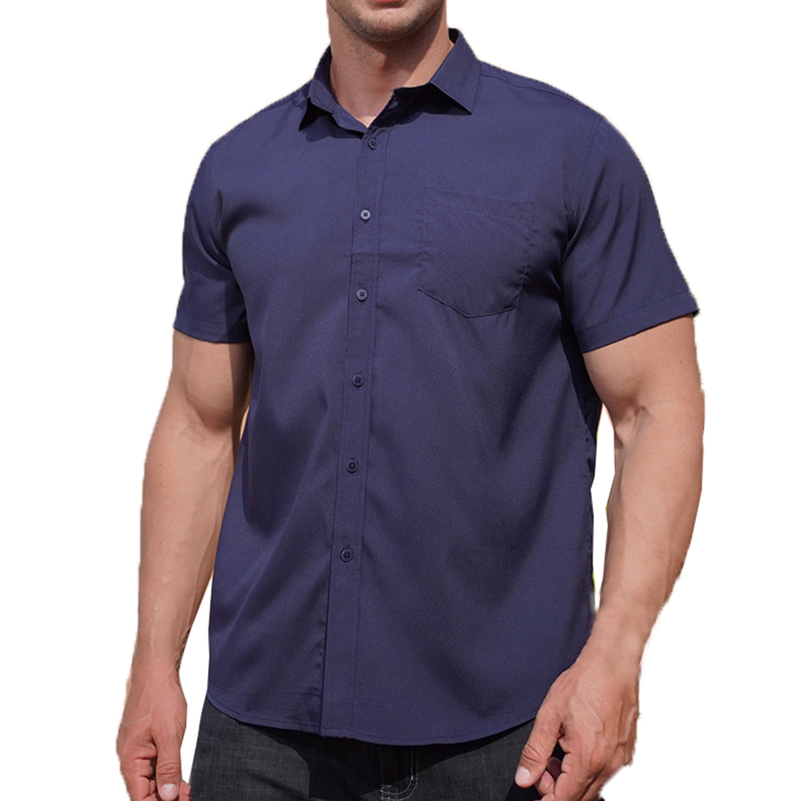Busydd Mens Shirts 2024 Fashion Wrinkle Free Collar Dress Shirts Solid Color Short Sleeve ...