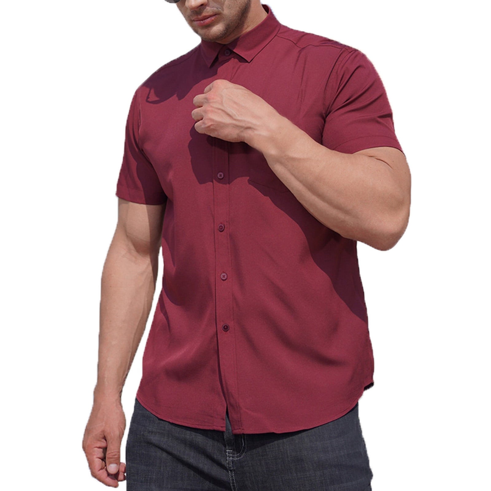 Busydd Mens Shirts 2024 Fashion Wrinkle Free Collar Dress Shirts Solid Color Short Sleeve ...