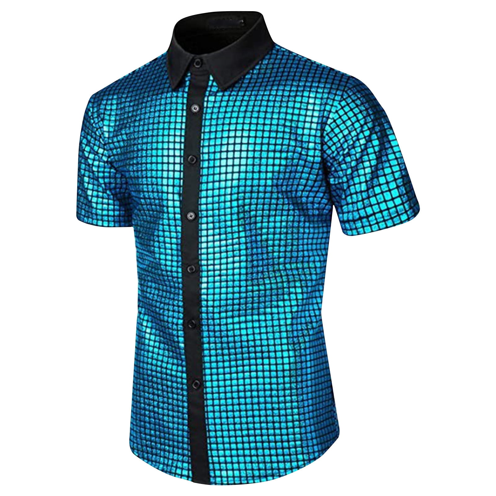 Busydd Mens Shirts Sparkle Sequin Party Shirts Casual Button Down Short Sleeve Disco Tops ...
