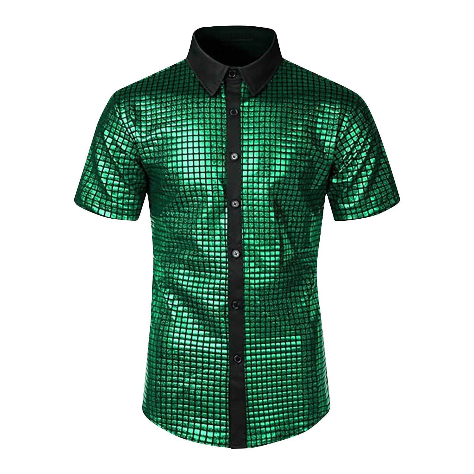 Busydd Mens Shirts Sparkle Sequin Party Shirts Casual Button Down Short Sleeve Disco Tops ...