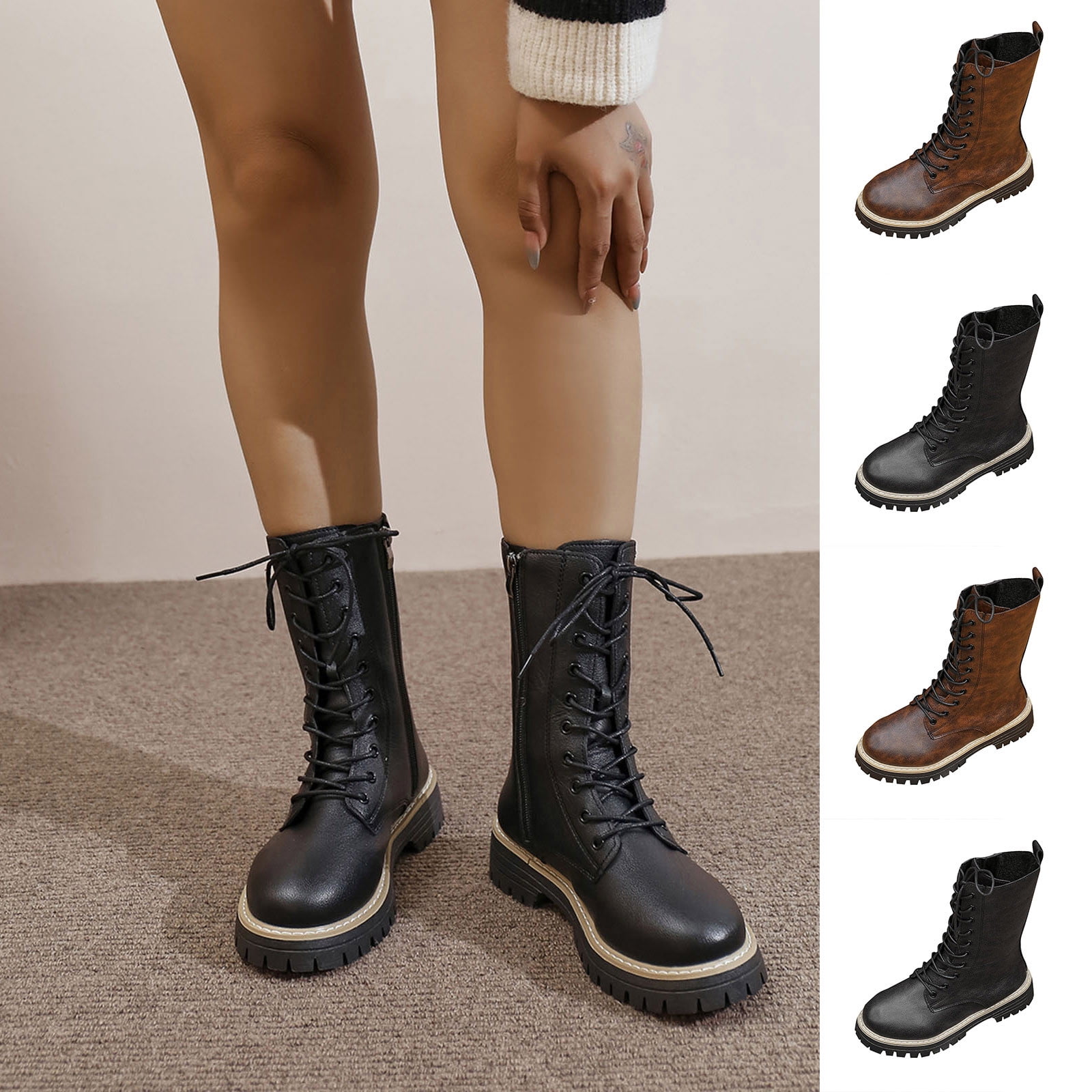 Busydd Mid Calf Boots for Women Trendy Zipper Lace up Women Footwear ...