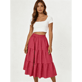 Busydd Plaid Skirt for Women Casual Flowy Elastic Waist Linen Skirt ...