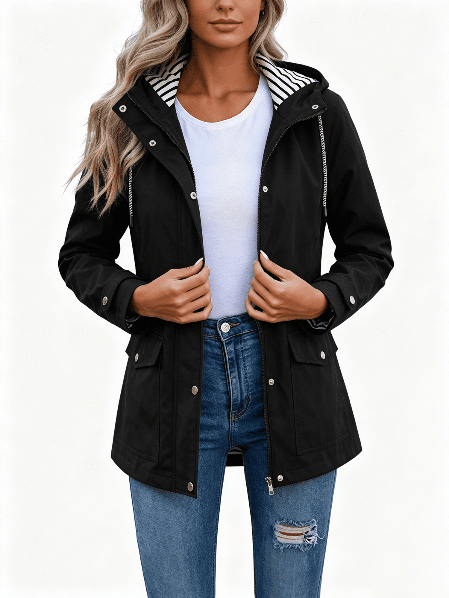 Busydd Rain Coats for Women with A Striped Inner Lining Solid Color ...