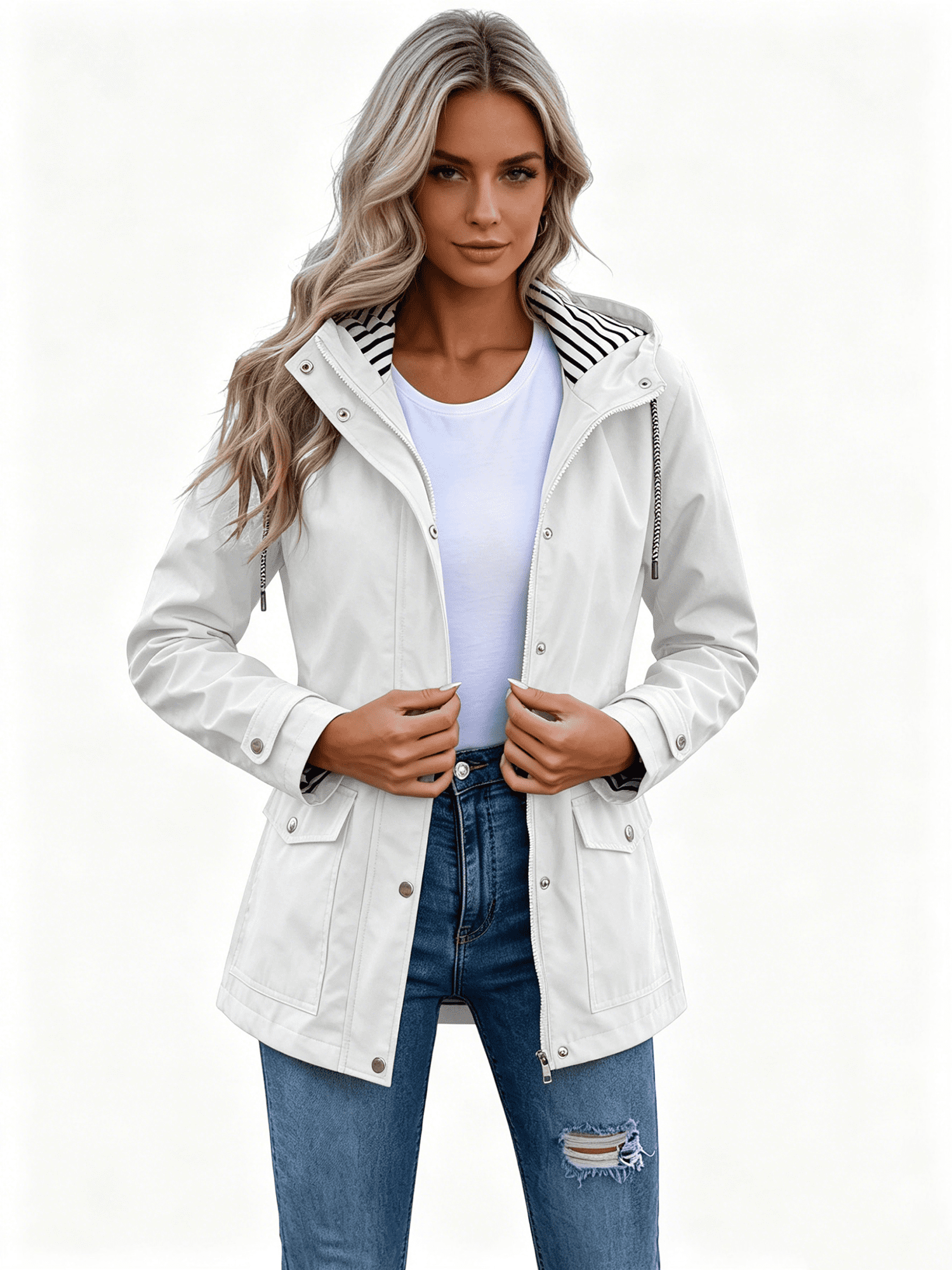Busydd Rain Coats for Women with A Striped Inner Lining Solid Color ...
