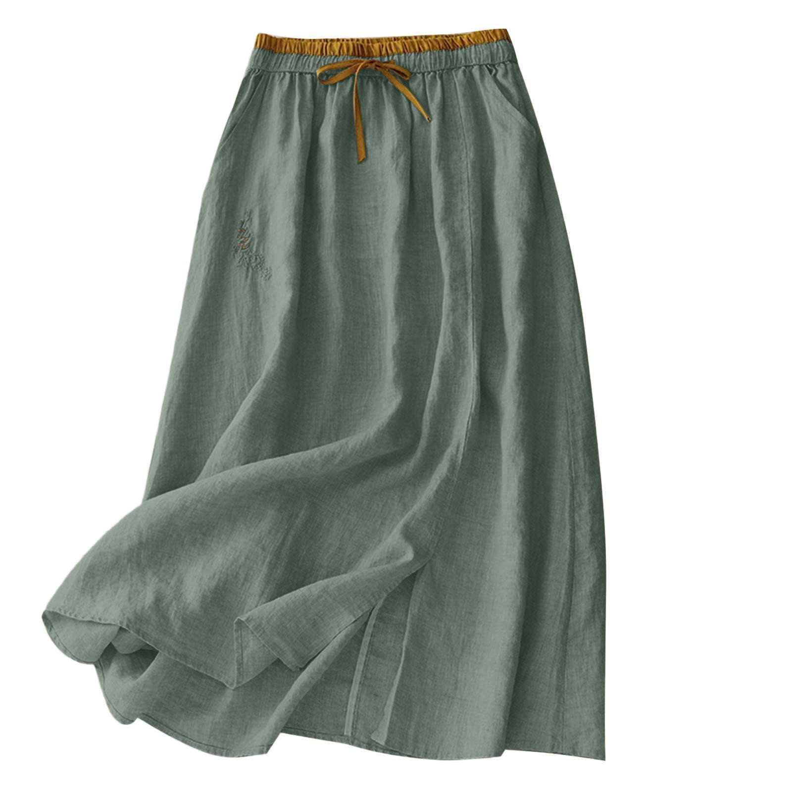 Busydd Skirts for Women Summer Solid Color Cotton Linen Midi Skirt ...