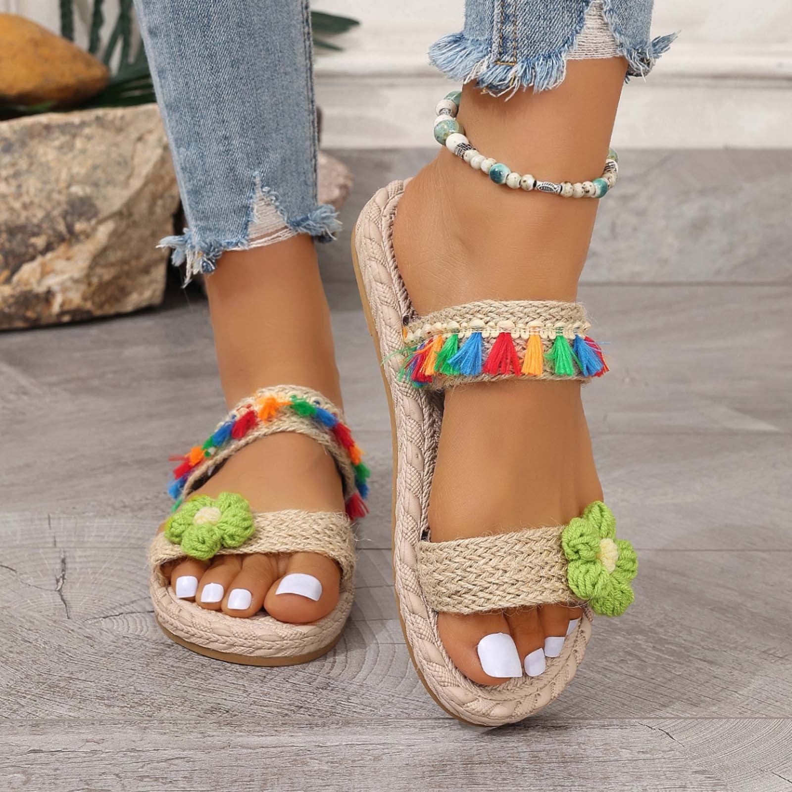 Busydd Slippers for Women Fashion Boho Flats for Women Open Toe Outdoor ...