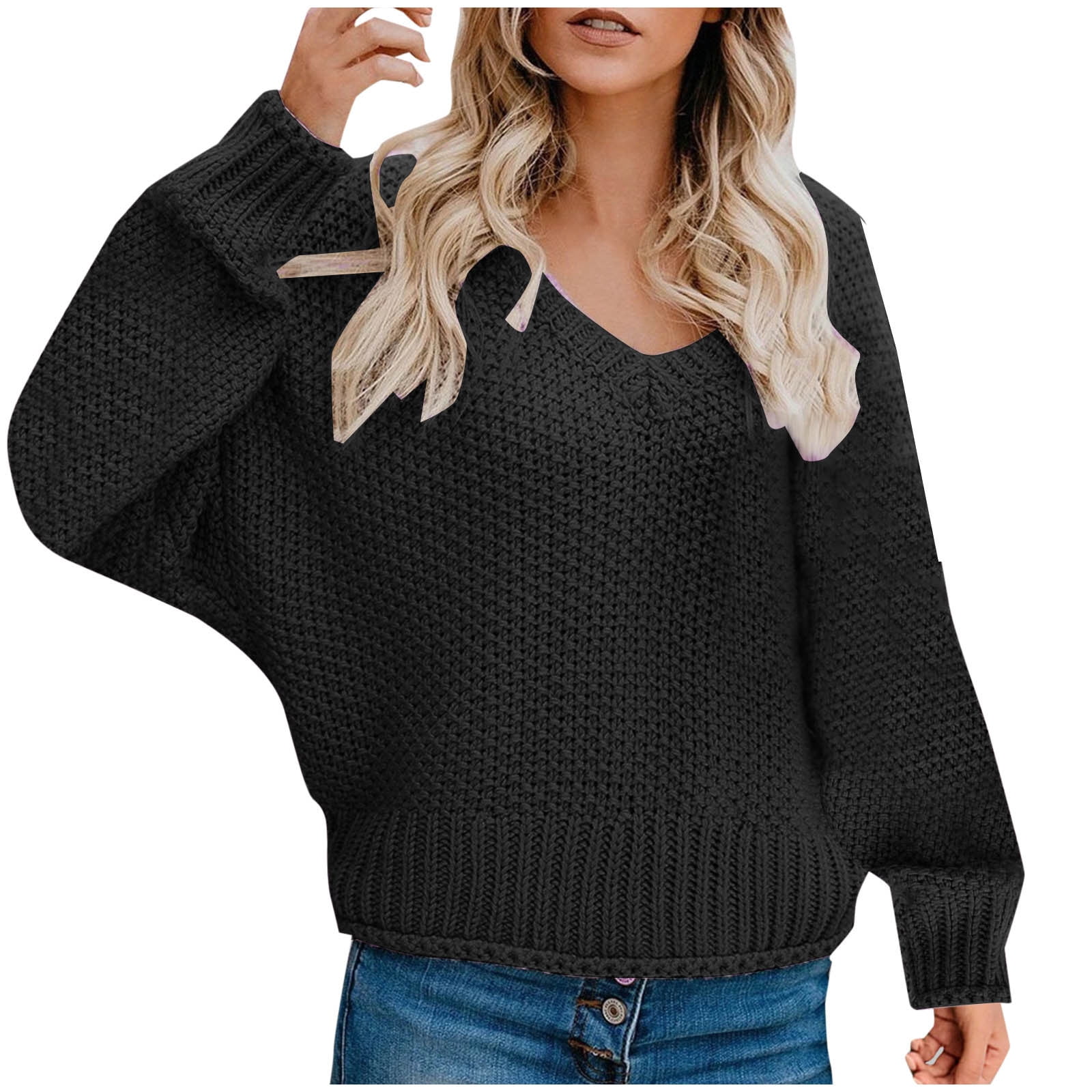 Busydd Sweaters for Women Solid Color V Neck Sweaters Trendy Long ...