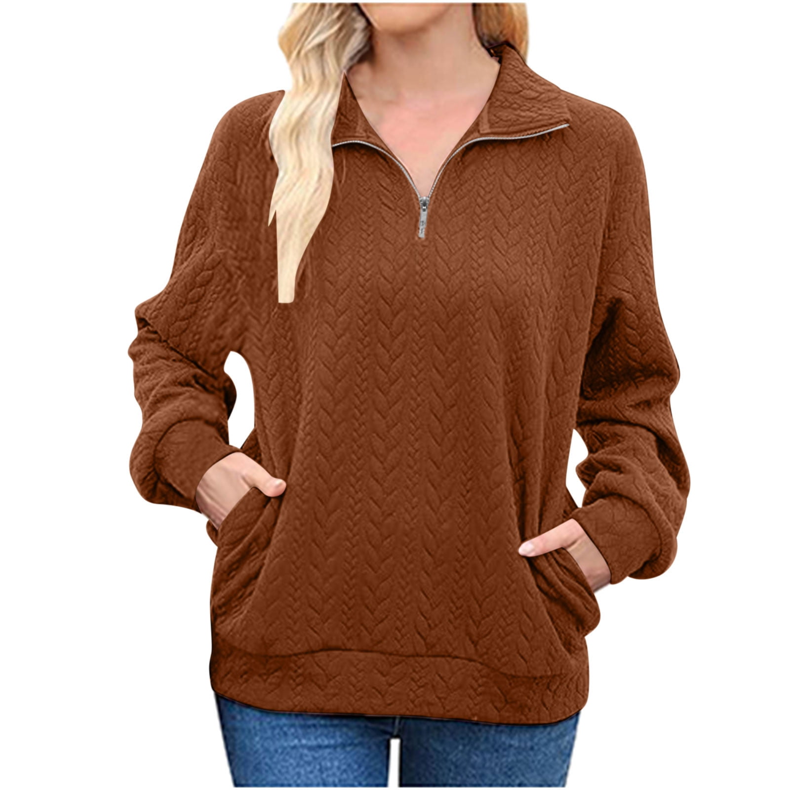 Busydd Sweatshirt for Women Zipper V Neck Solid Color Fall Sweatshirts ...