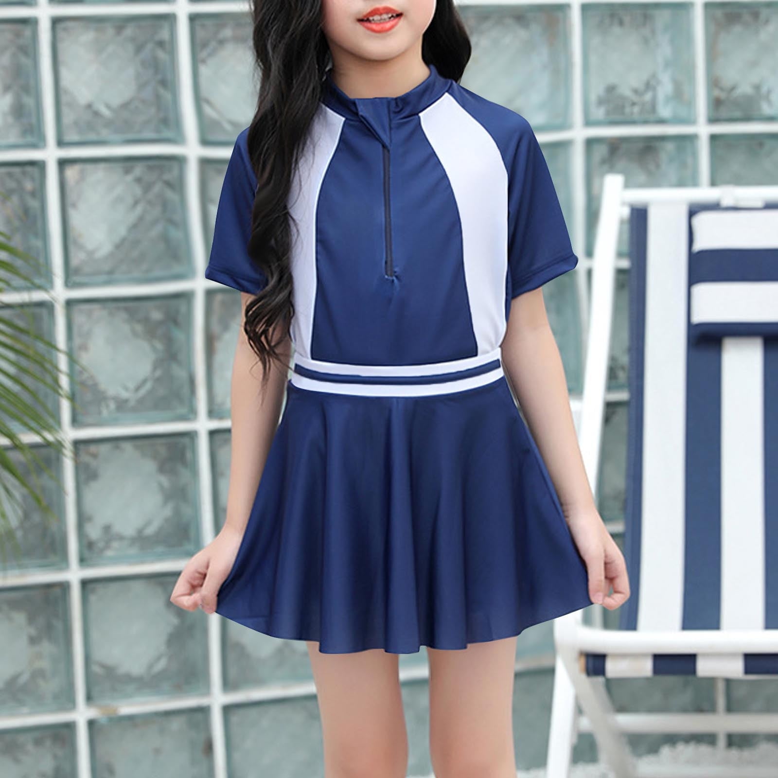 Busydd Swimsuits for Girls 5-14 Years Fashion Color Block Short Sleeve ...